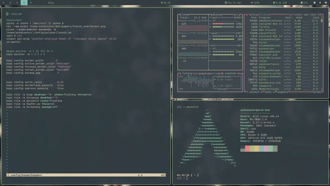 [bspwm] Everforest and also first time posting | Scrolller