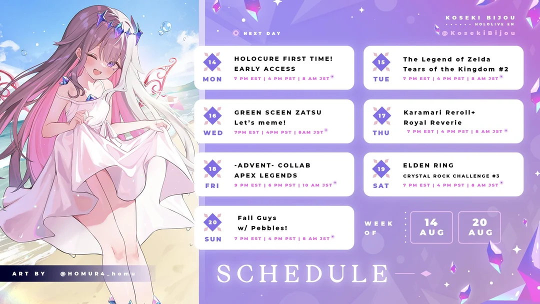 Bijou's schedule for the coming week. Includes the Apex Advent Collab, more Elden Ring and Fall ...