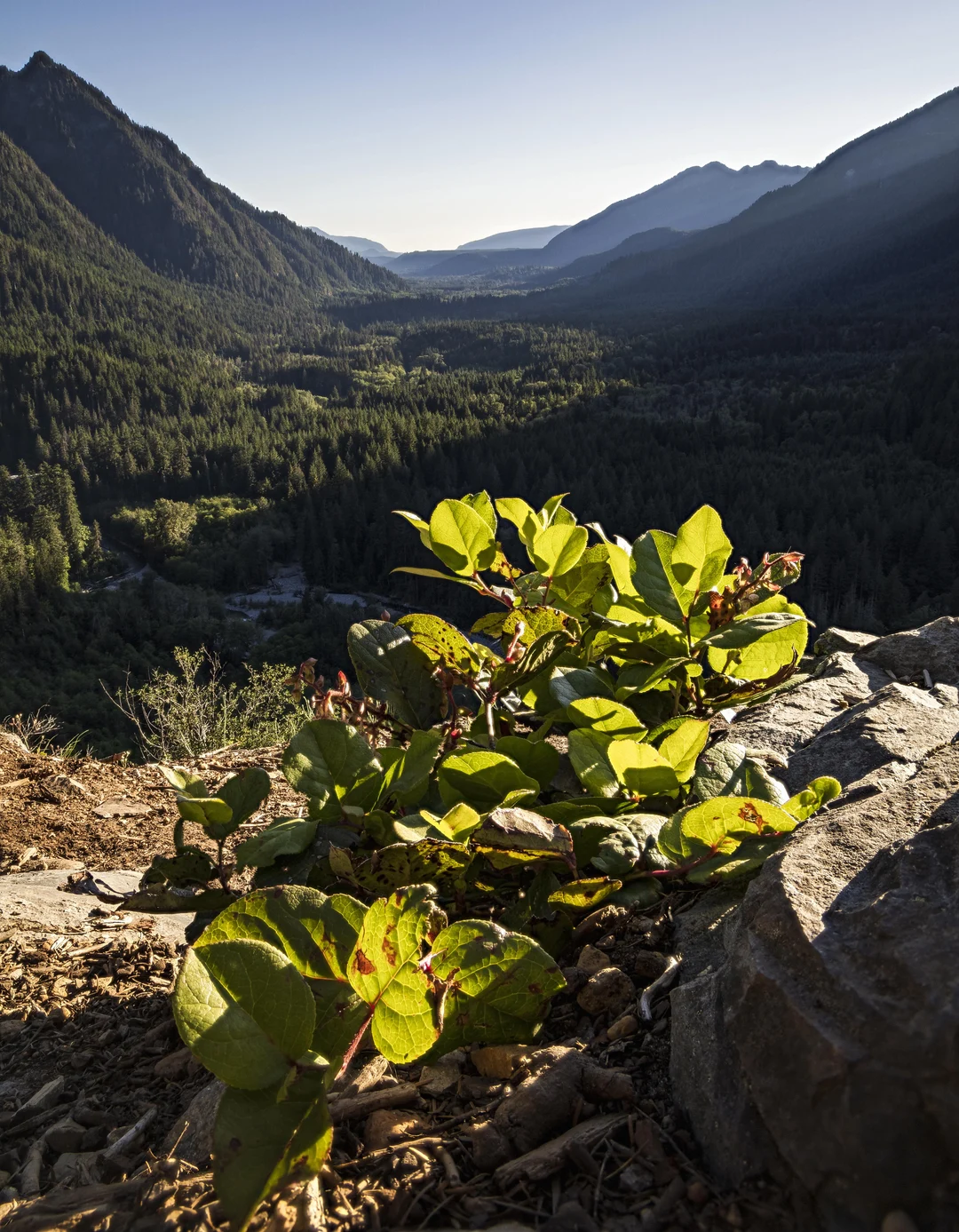 The last bit of light hitting this rocky ledge as the sun sets over the Snoqualmie Valley, WA ...