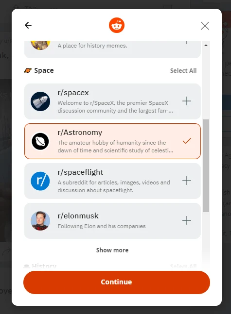 Reddit suggestions under "Space" | Scrolller