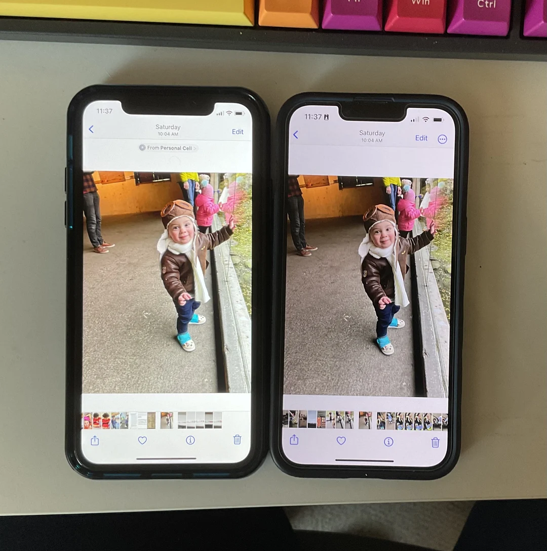 Why is my iPhone 11 (left) so much brighter than my iPhone 13 (right)? Both at max brightness ...