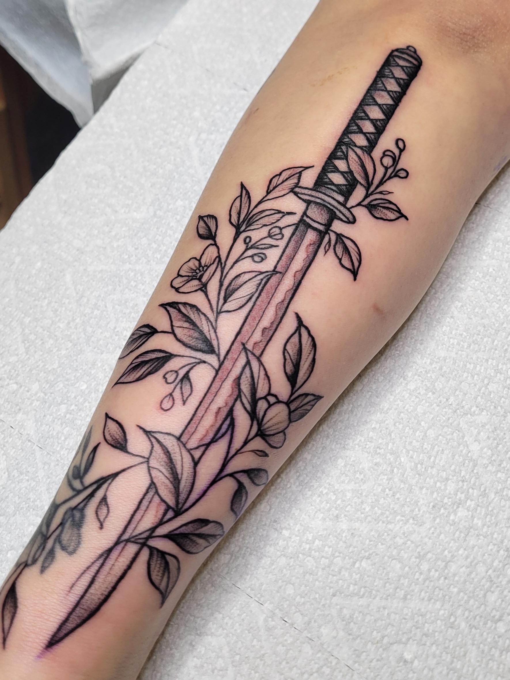 Floral Katana done by Shelby Golob, White Rose Tattoo, PA | Scrolller