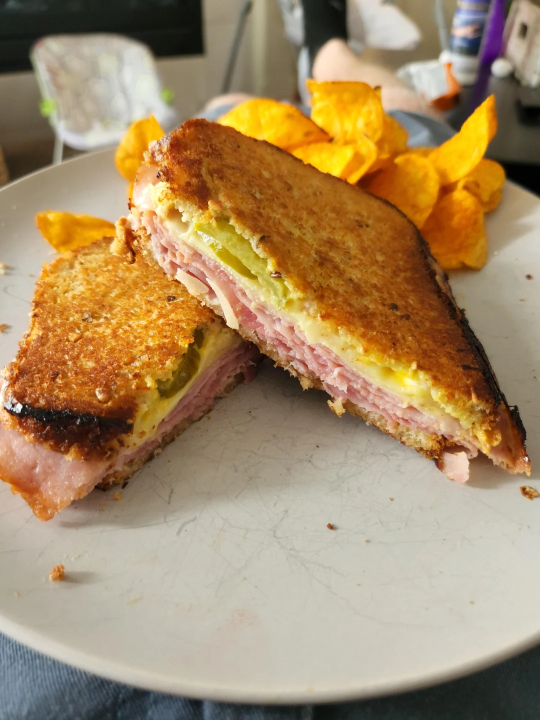 Cuban..ish sandwich. Ham, swiss, pickles and mustard. | Scrolller