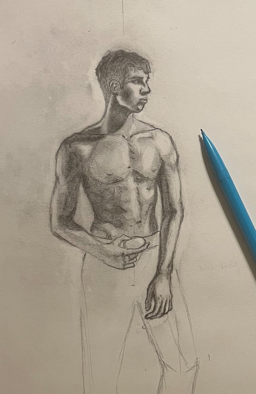 How can I improve this side profile and anatomy study (w/ reference)(is it his left arm throwing ...