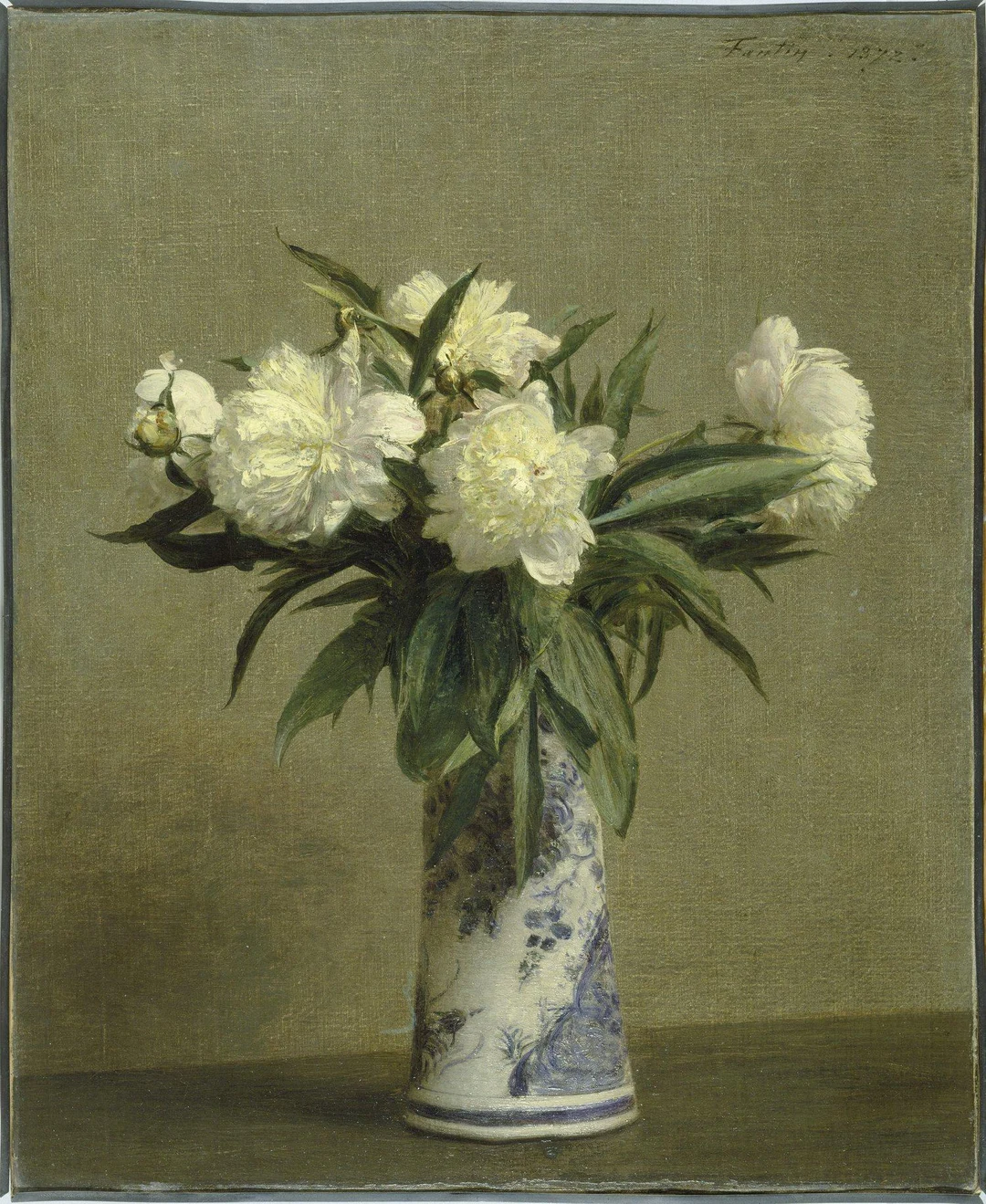 Henri Fantin-Latour - Peonies in a Blue and White Vase (1872) | Scrolller