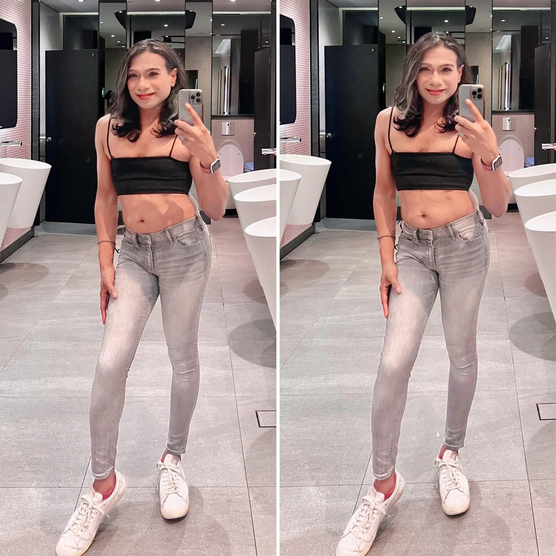 Bathroom mirror selfie. Been wanting to wear out this crop cami for awhile and today I finally ...