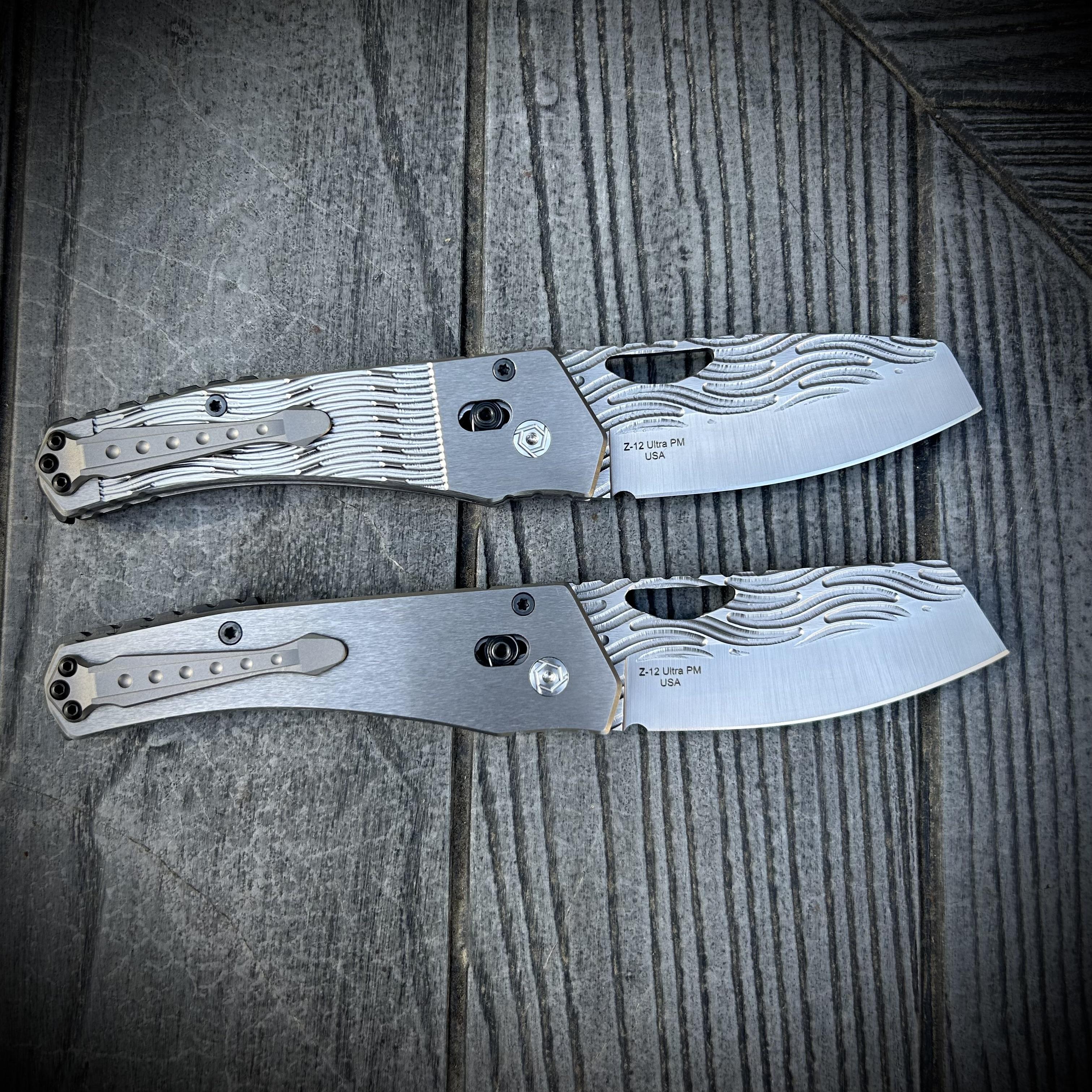 Just finished up these new Titanium and Z-12 Ultra PM (64 HRC) Cleavers with Fire Wave Pattern ...