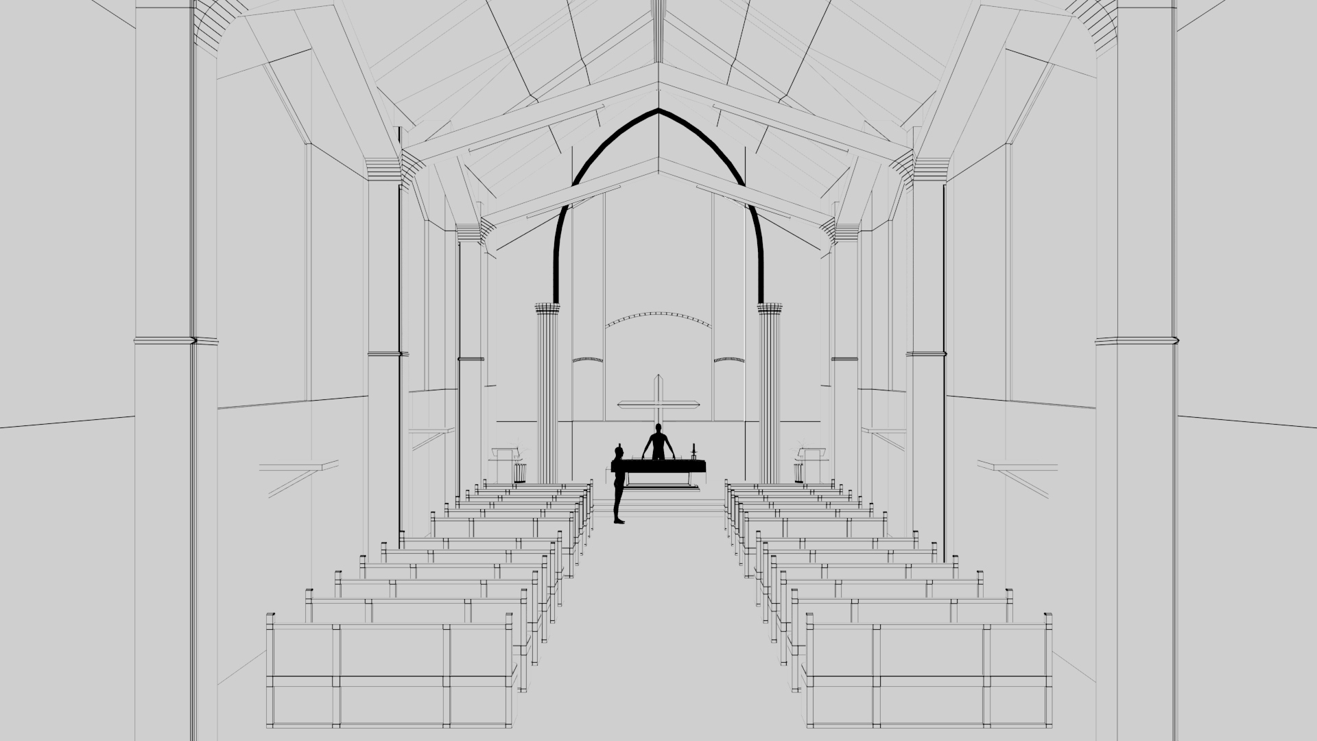 Made a 3d interior model of a church/cathedral with it's texturing and lighting (AO & Wireframe ...