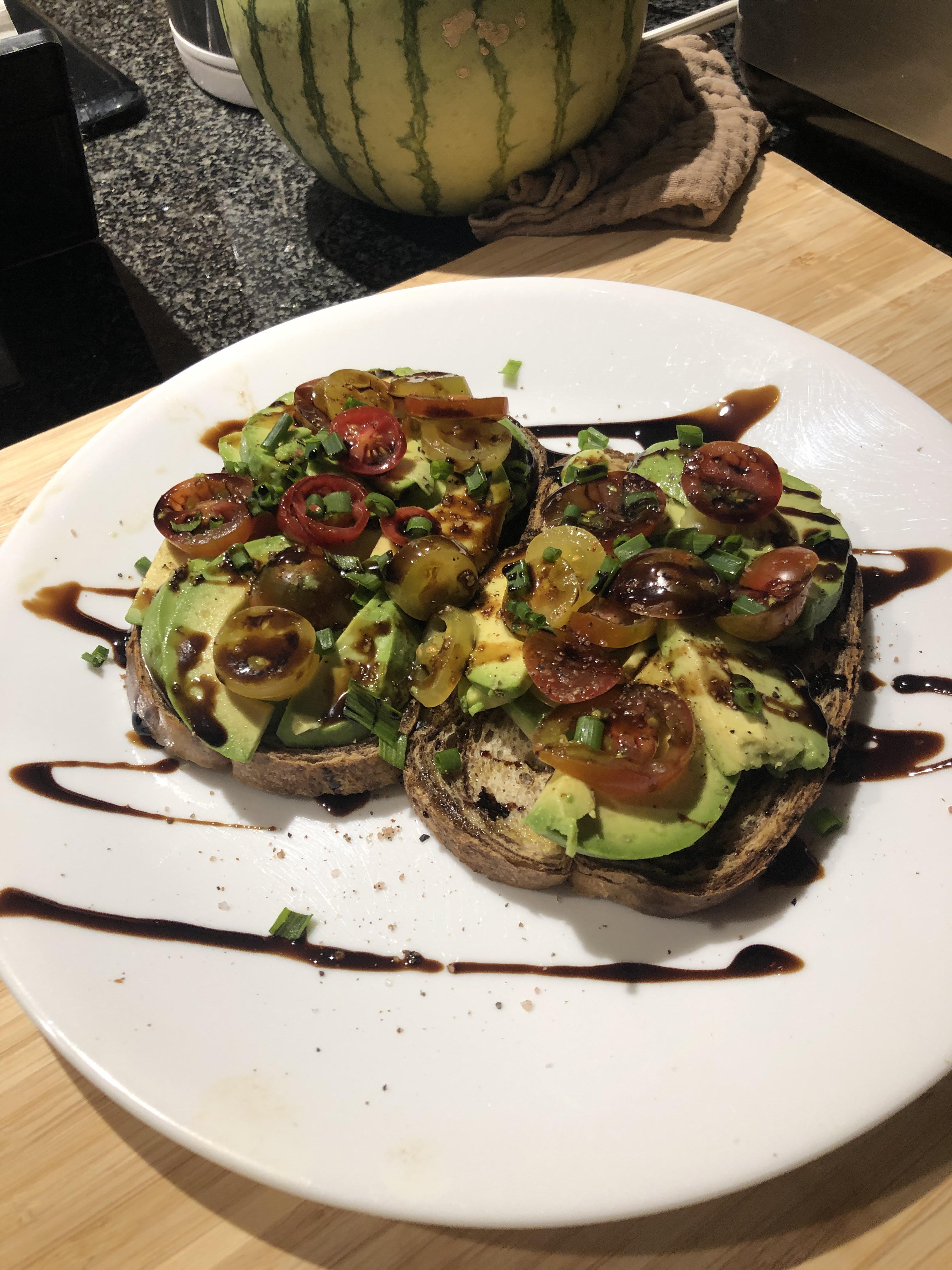 [homemade] avocado toast appetizer followed by grilled honey hot chicken, NY strip and asparagus ...