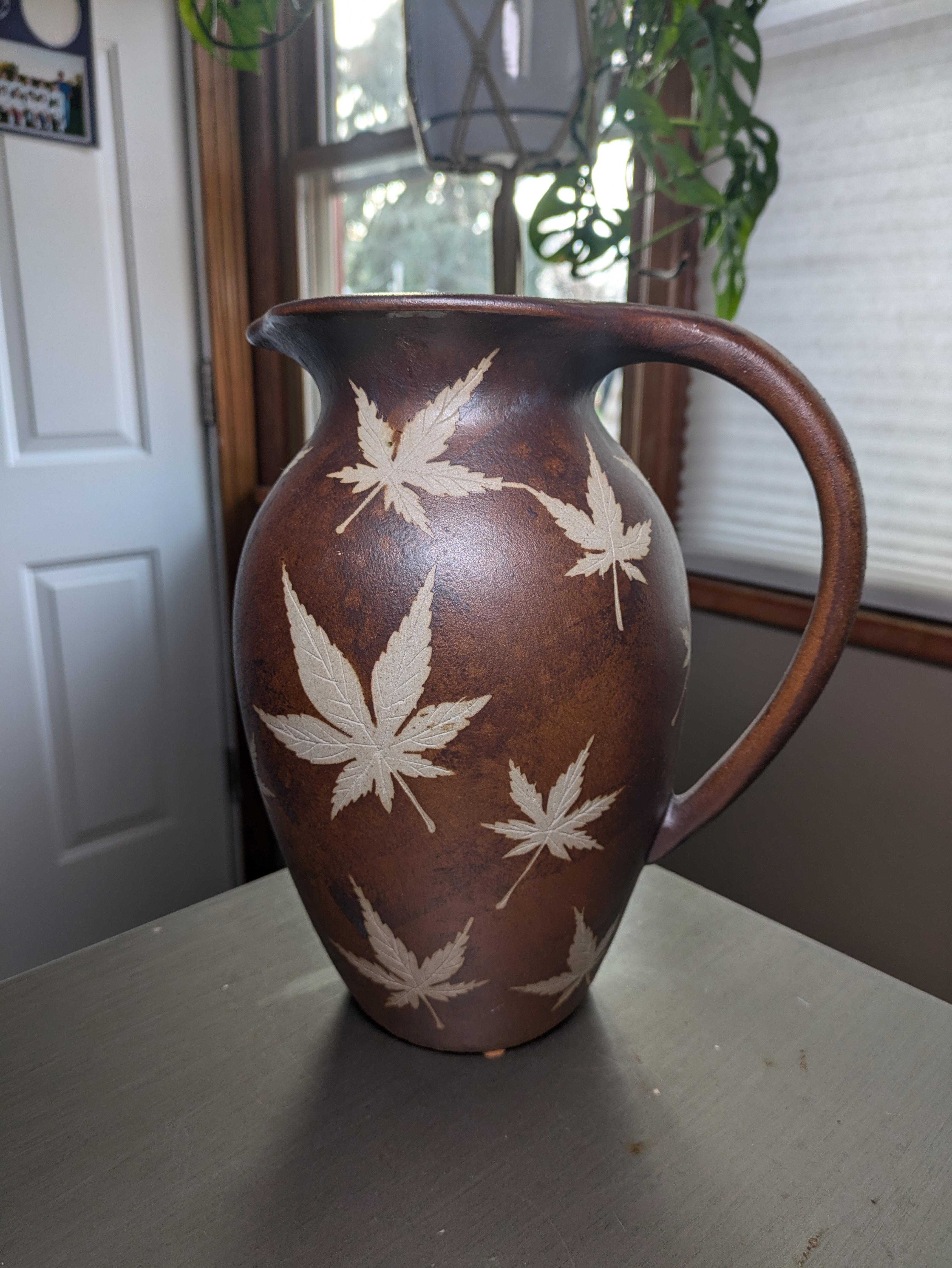 Handmade pottery pitcher with 'Japanese maple leaves' - Goodwill, $4 | Scrolller