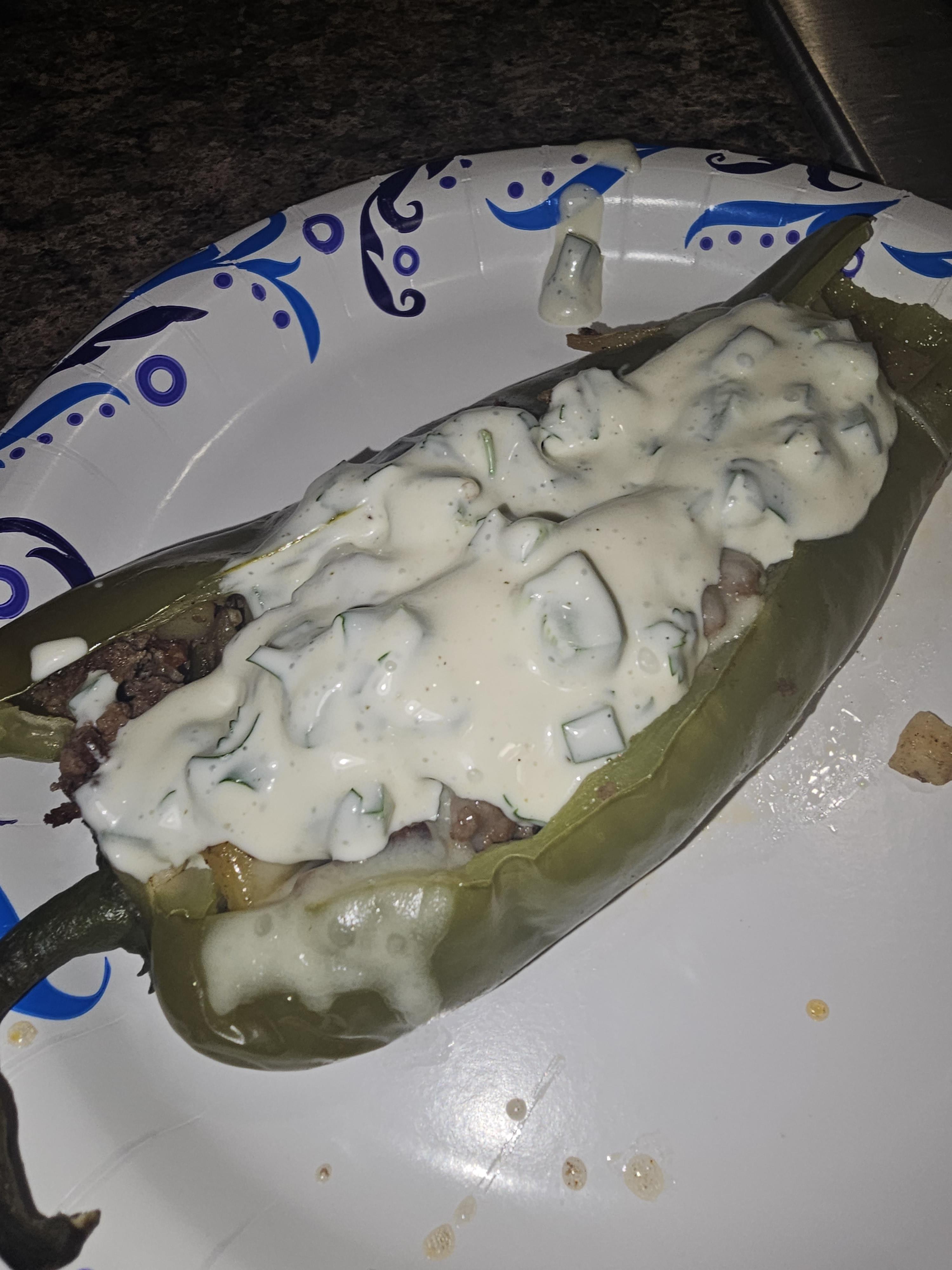 [Homemade] Piccadillo Stuffed Anaheim and Bell Peppers with Jalapeño Ranch Sauce | Scrolller