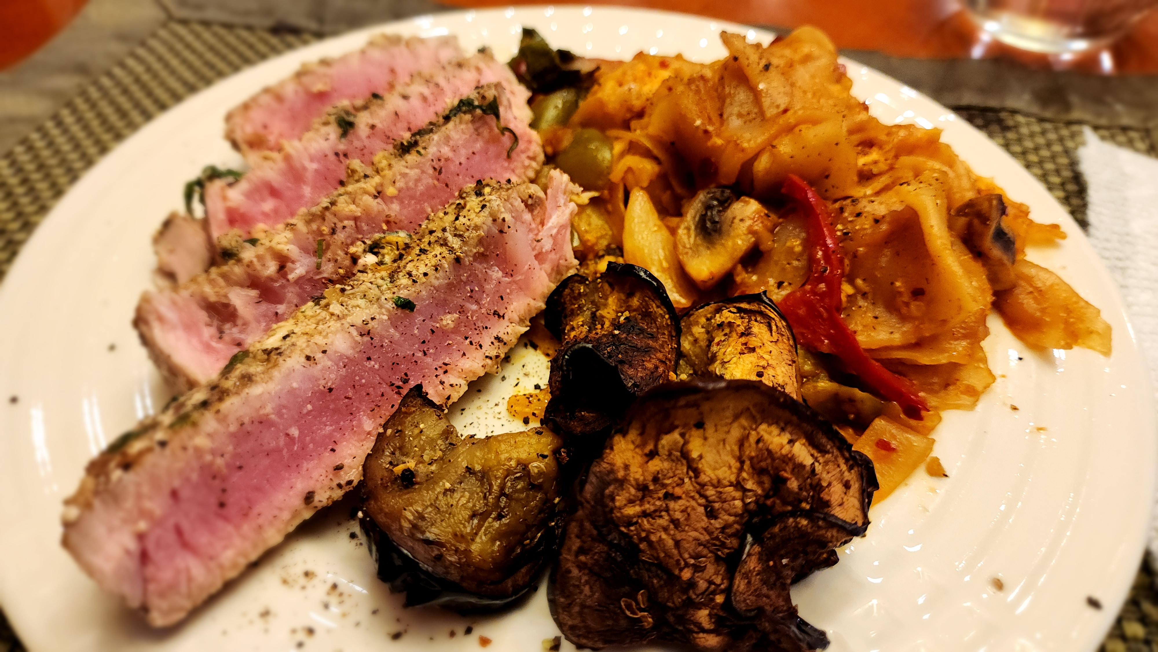 Seared Yellowfin Tuna Steak, Thai Drunken Noodles, and Air-Fried Eggplant Chips | Scrolller