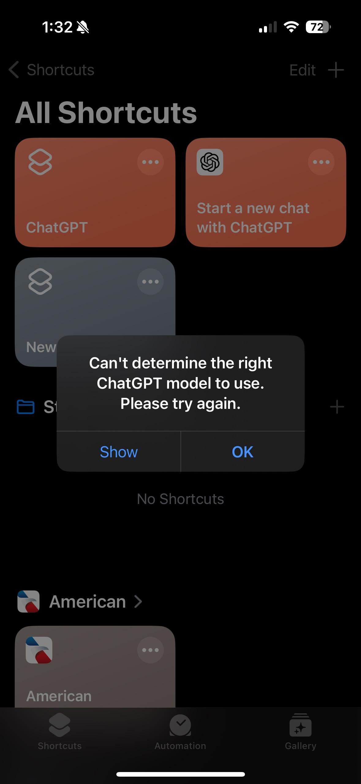 Why am I getting this error when using a chat gpt shortcut? | Scrolller