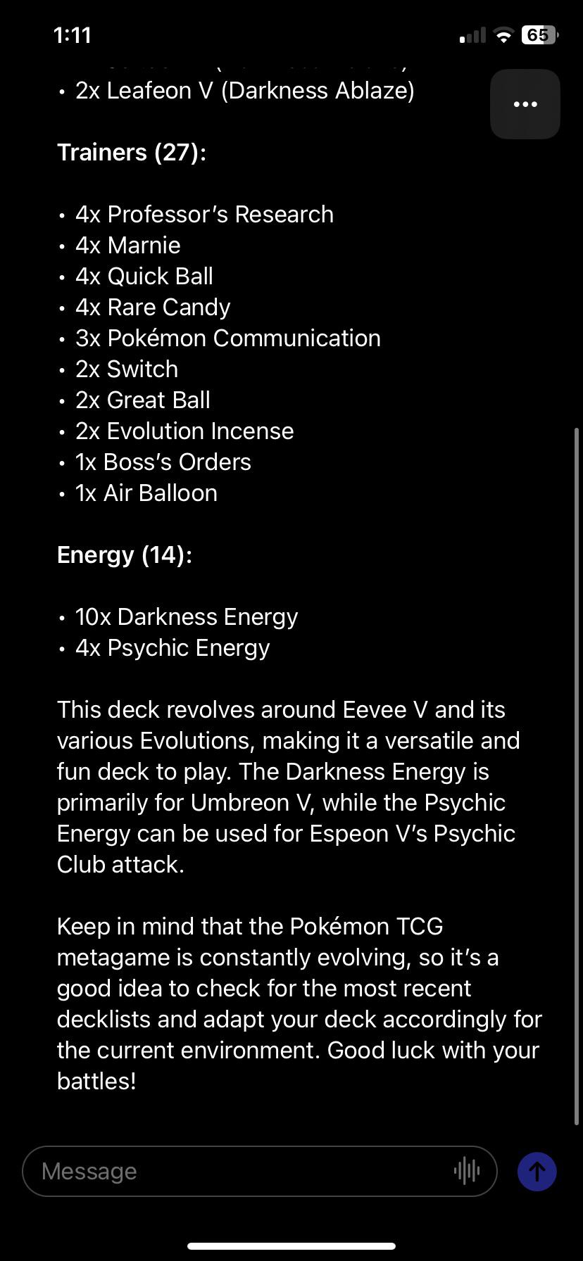 I got chat gpt to generate a eevee v deck list but I was just wondering what replacements I can ...