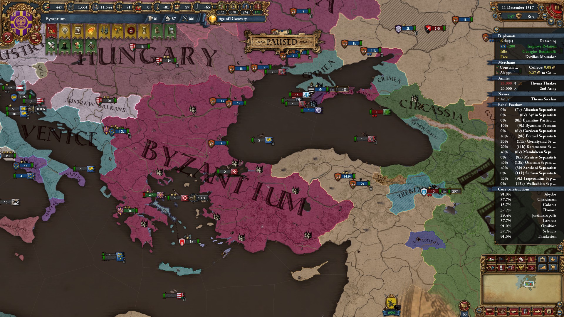 Tried out Byzantium in the new dlc update and manage to gain decent amount of lands by 1517 ...