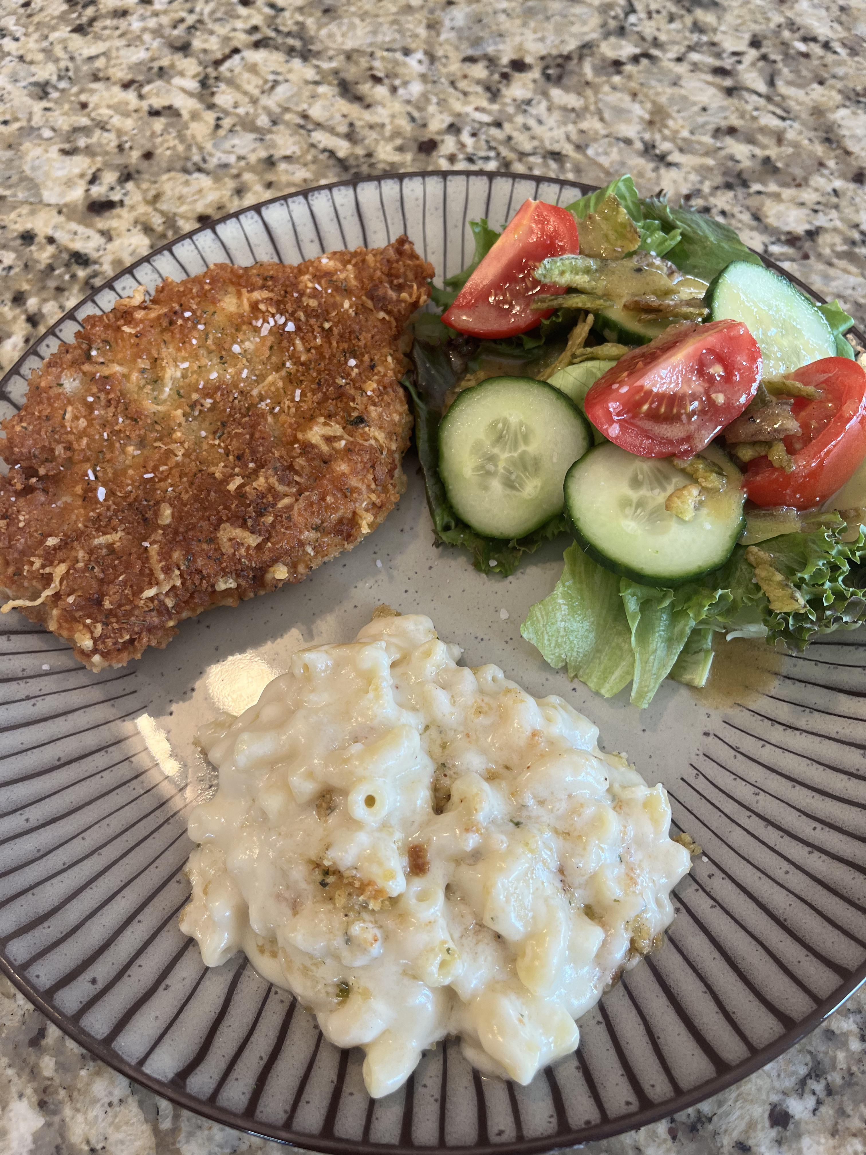 [homemade] Mac and cheese, breaded pork chop and side salad | Scrolller