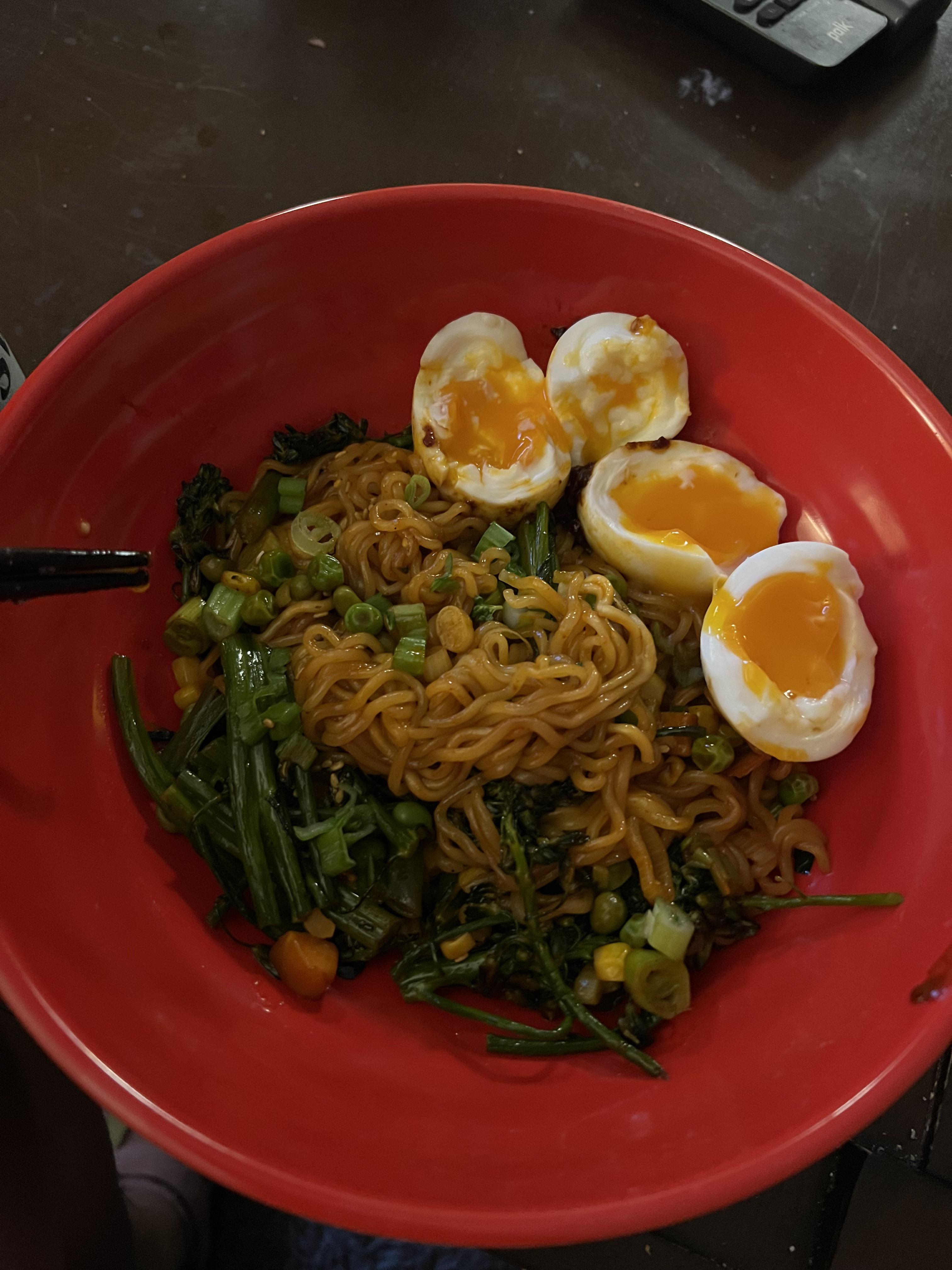 Discover more like Ramen: Instant Spicy Korean Ramen from last night with veg and sof boiled ...