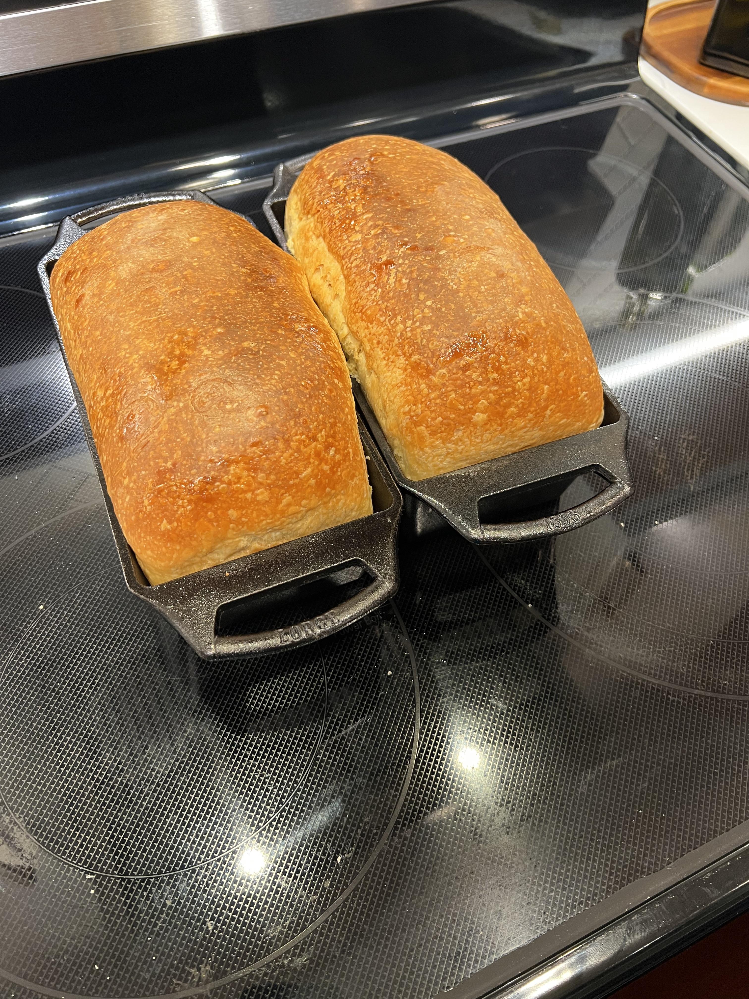 Sourdough sandwich bread in the Lodge loaf pans, before and after baking! I love using these ...