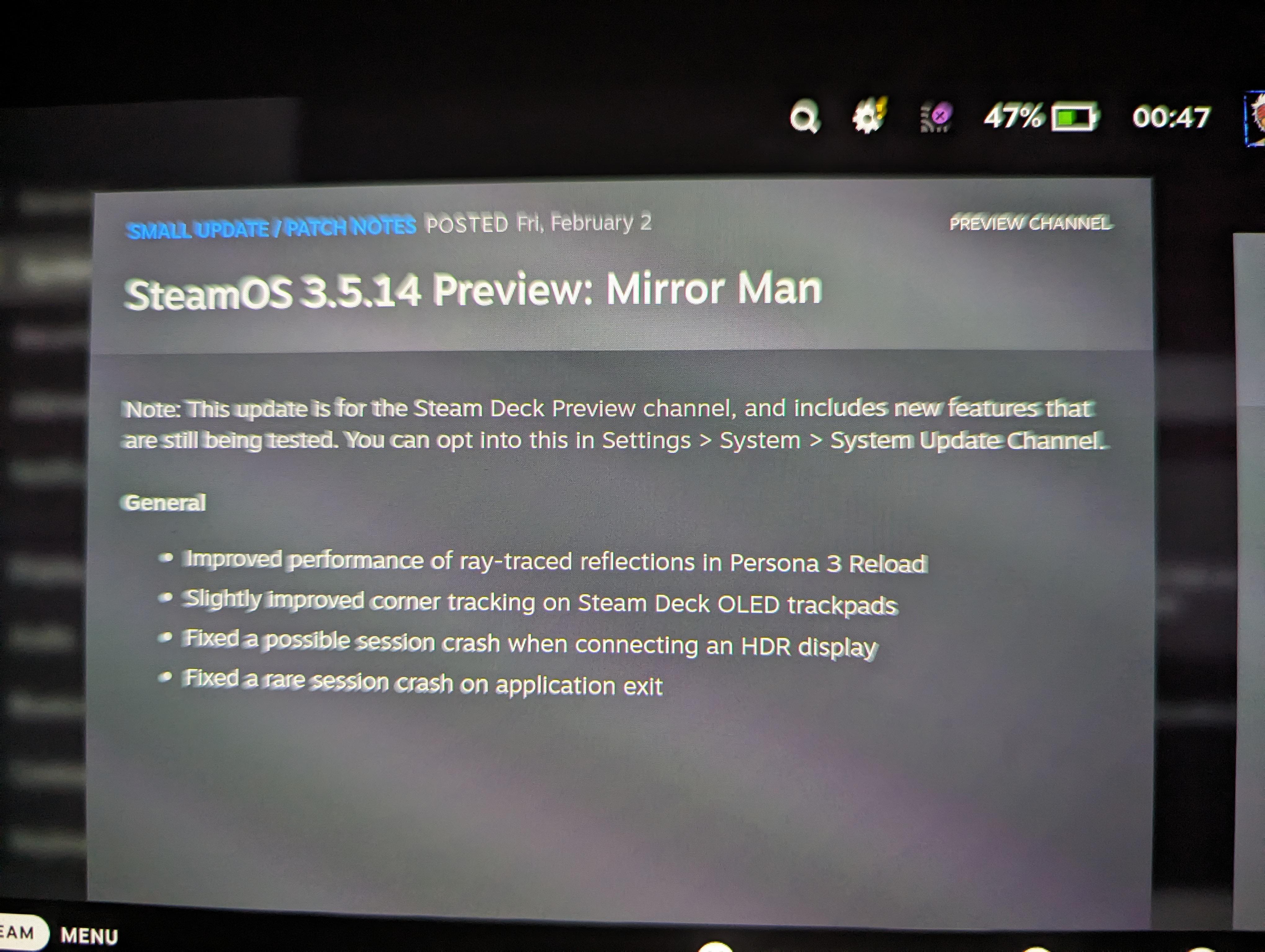 Steam OS Preview update is for improved performance with Persona 3 Reload (Reflections ON ...