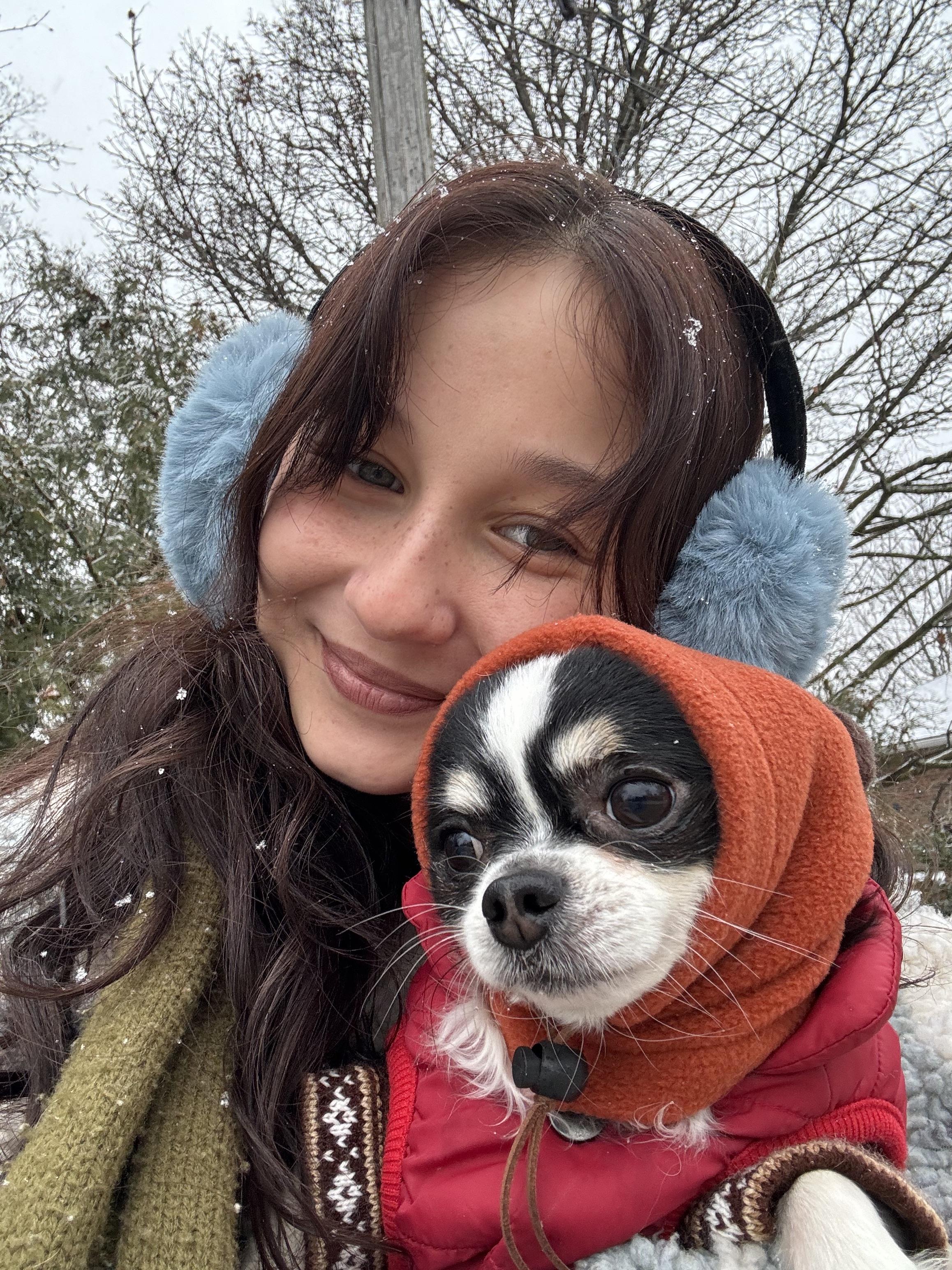 My chi nephew Teddy and I, all bundled up. | Scrolller
