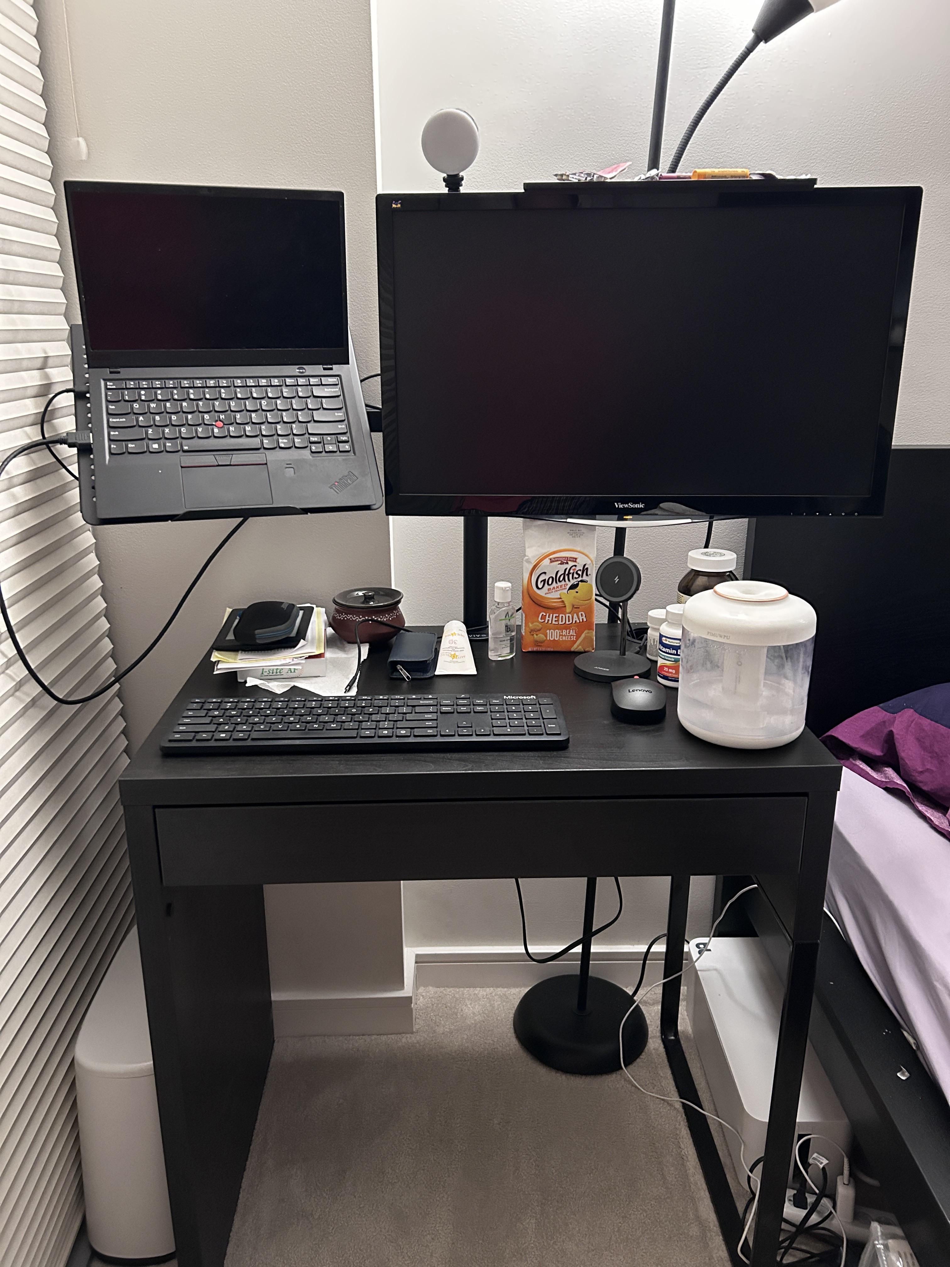 Before & after of wife’s desk: setup a monitor mount arm on an Ikea Micke by sawing | Scrolller