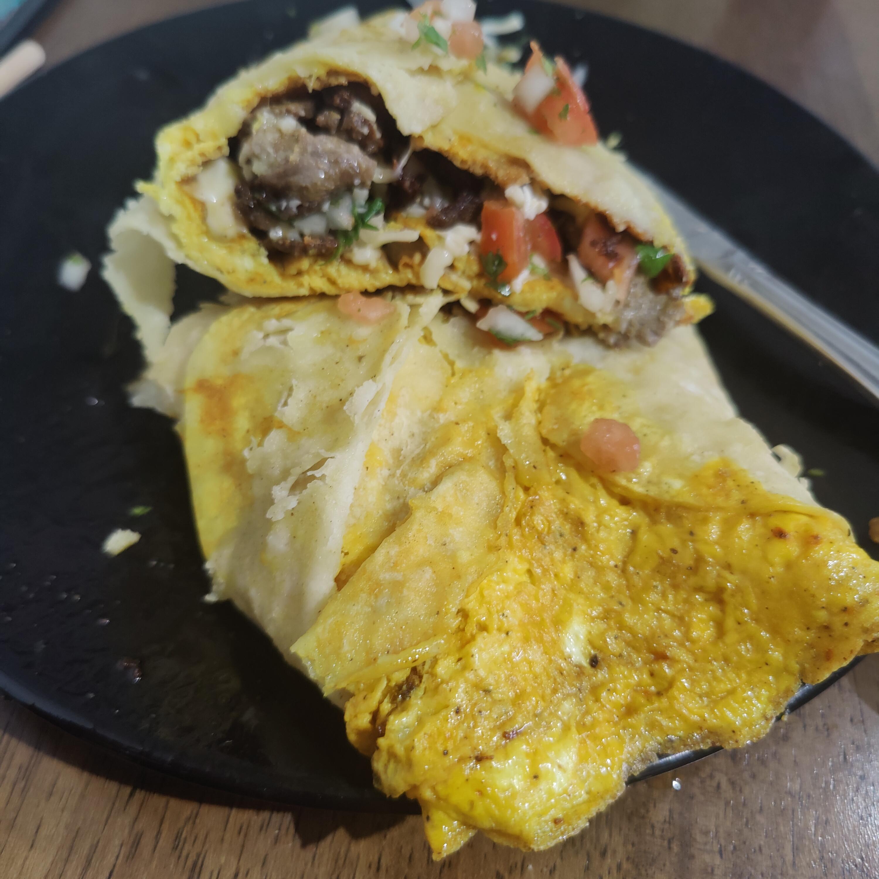 [Homemade] If burrito and omelette had a baby, steak, bacon, pico de ...