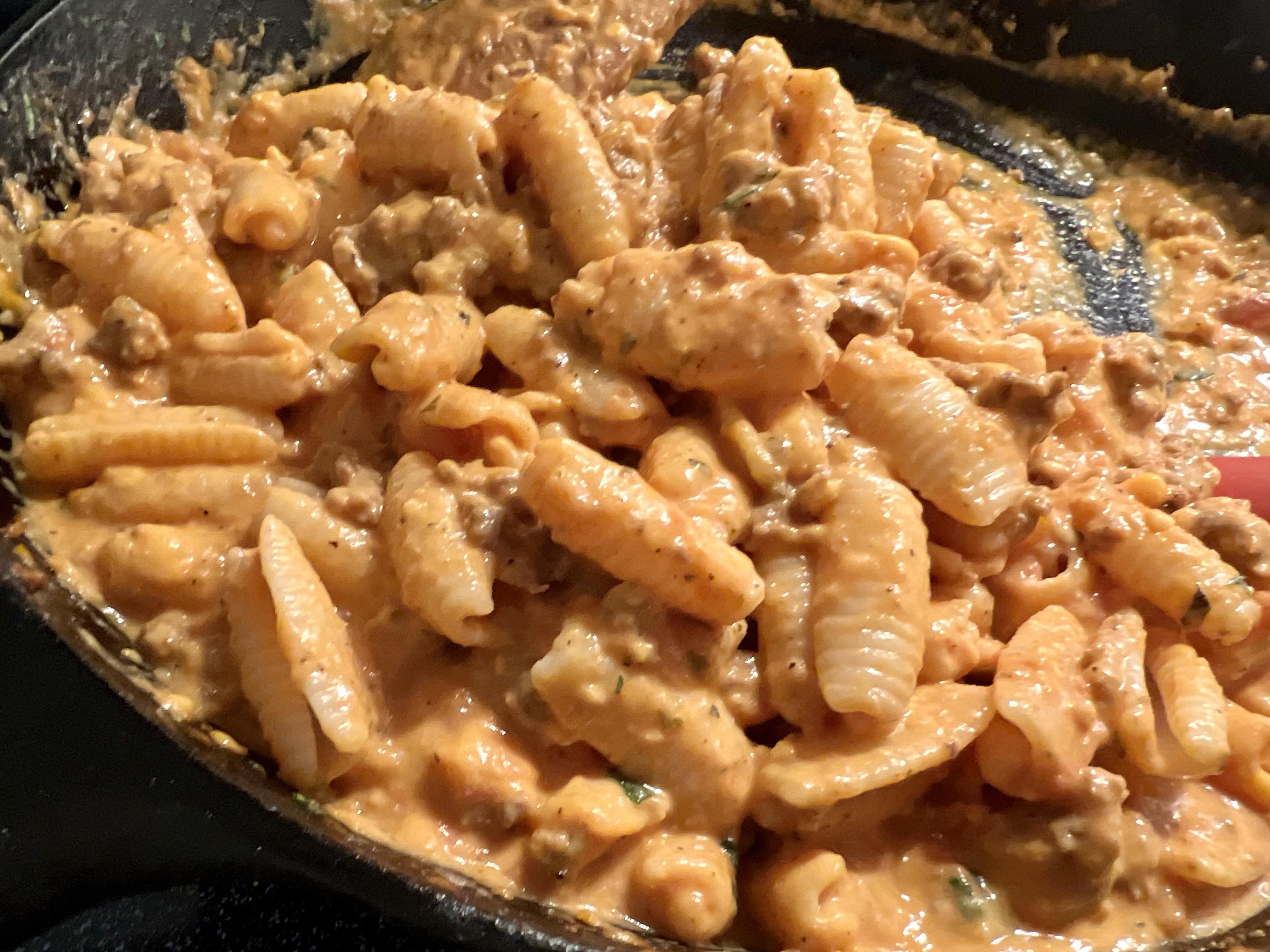 [homemade] creamy ghost pepper cheesy beef and cavatelli pasta with everything pickles | Scrolller