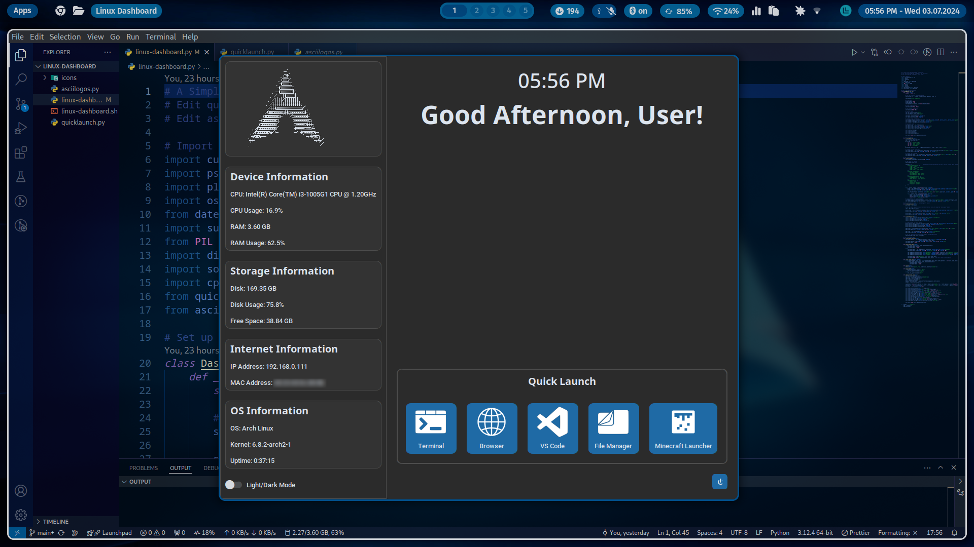 [OC] Slightly Improved Linux Dashboard. Source code available now! | Scrolller