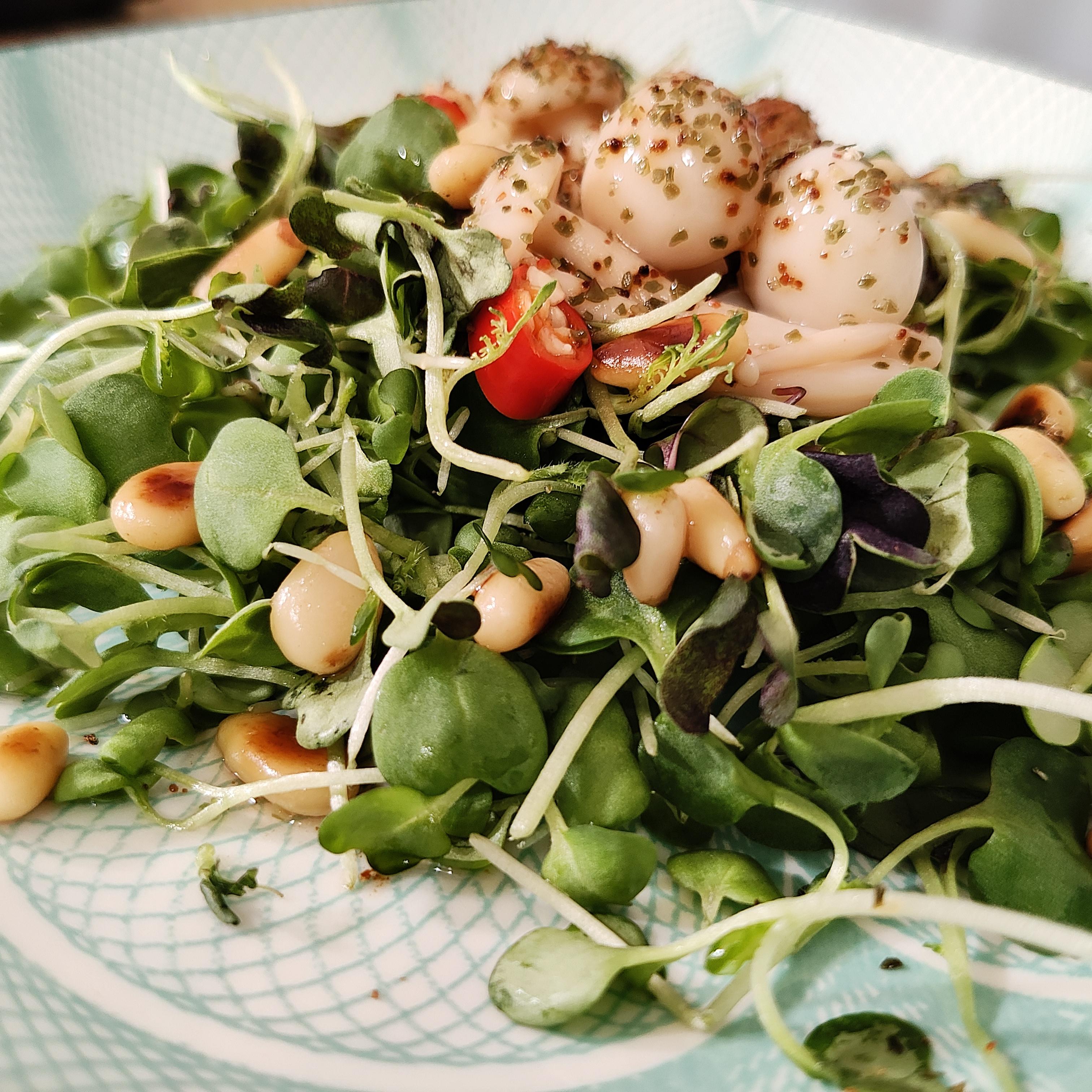 [Homemade] Pickled Seafood Mushroom, Toasted Pine Nuts, and Mixed Microgreen Salad | Scrolller