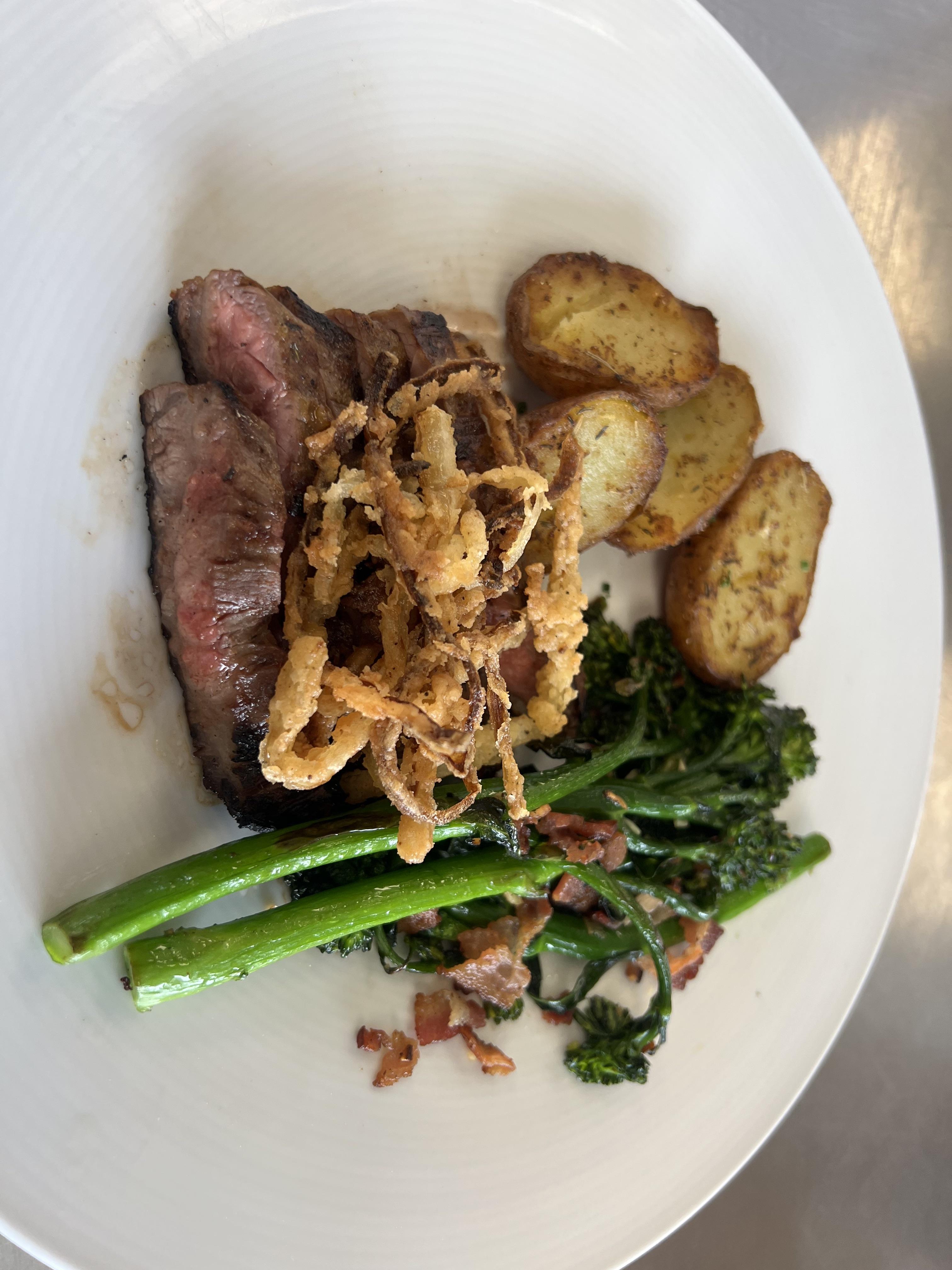 Grilled Steak with Fried Onions, Brocolini, and Potatoes [homemade] | Scrolller