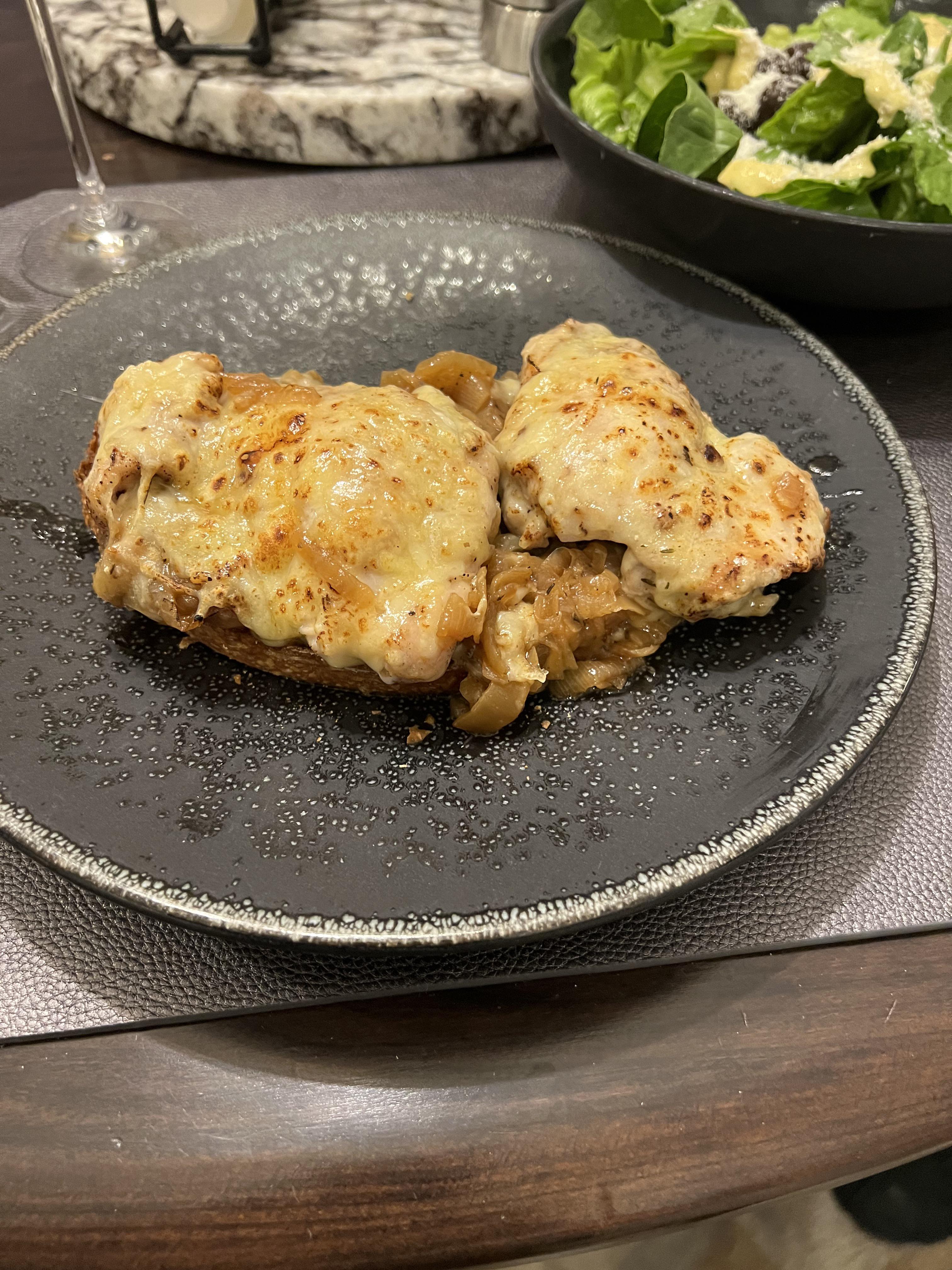 [Homemade] French Onion Chicken Thighs on Toast with Caesar Salad | Scrolller