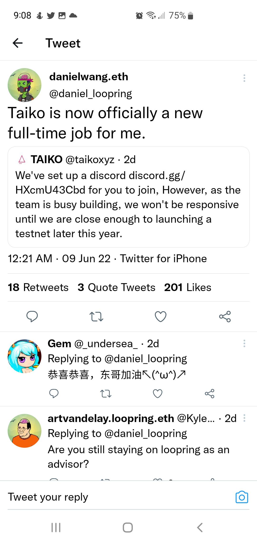 Guys, I think I have something here. Partnership between Loopring and Taiko, and Daniel Wang is ...