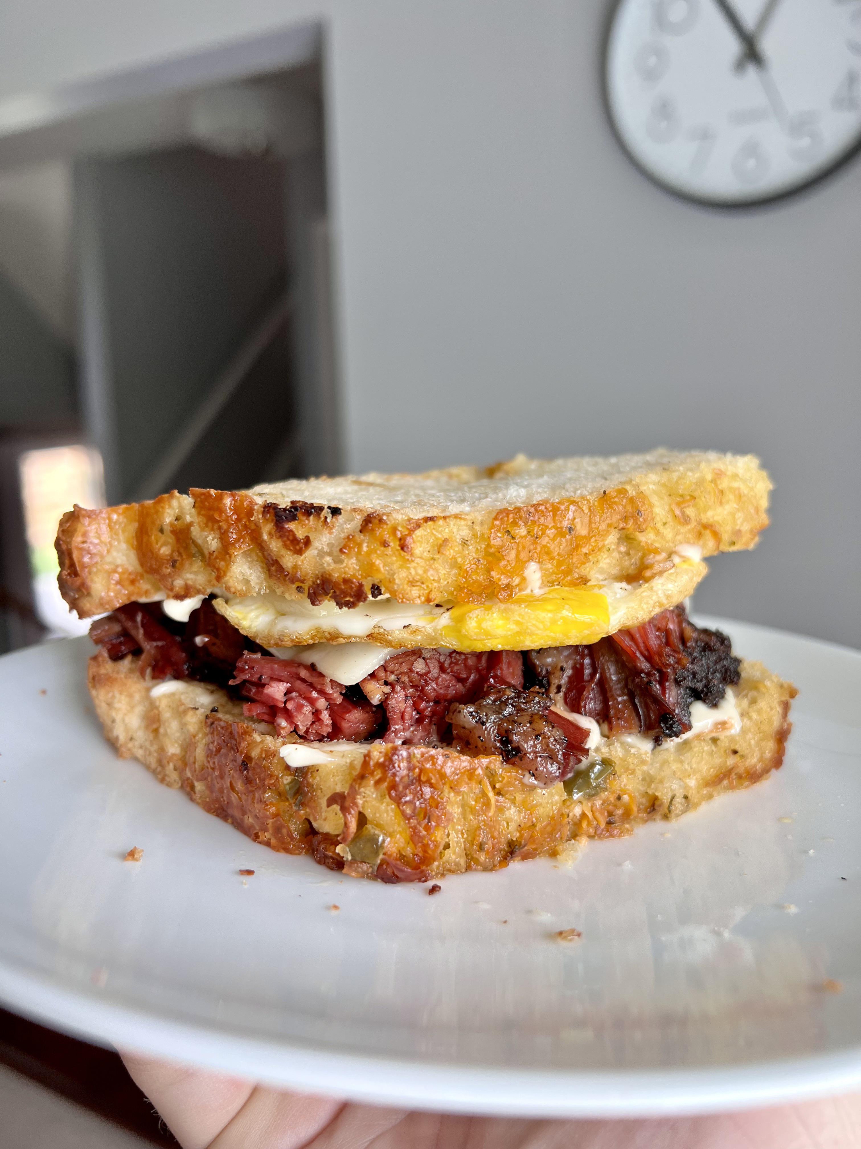 Pastrami, egg & Swiss cheese on jalapeno cheddar bread [Homemade] | Scrolller