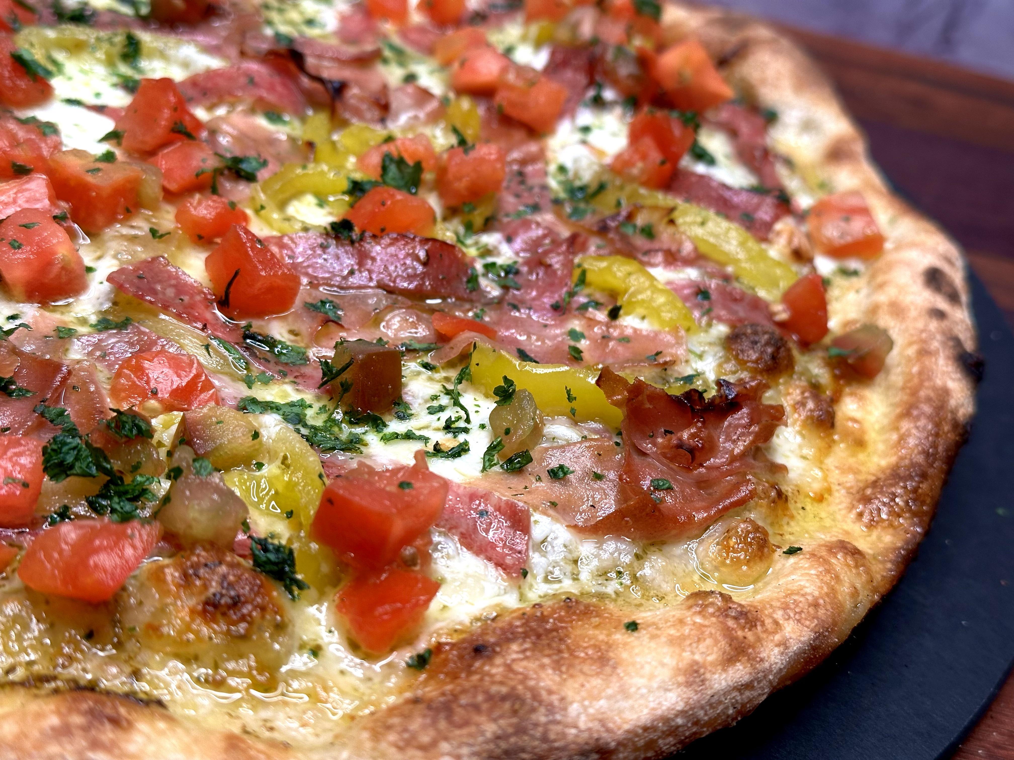 [Homemade] pizza with salami, mortadella, sweet/hot banana peppers, and ...