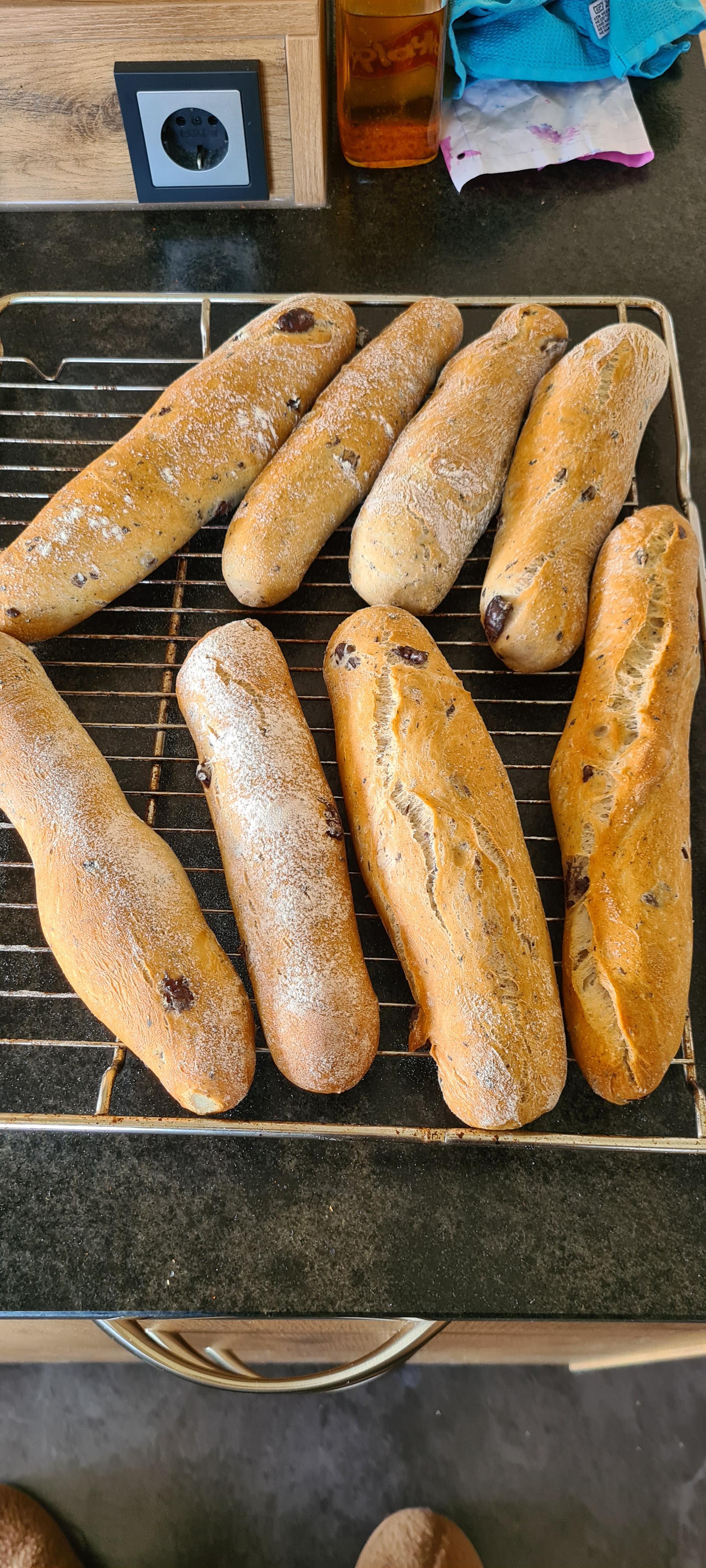 Homemade Olive-Bread (Wheat-sourdough, wheat flour, salt, water, olive oil, olives, yeast ...