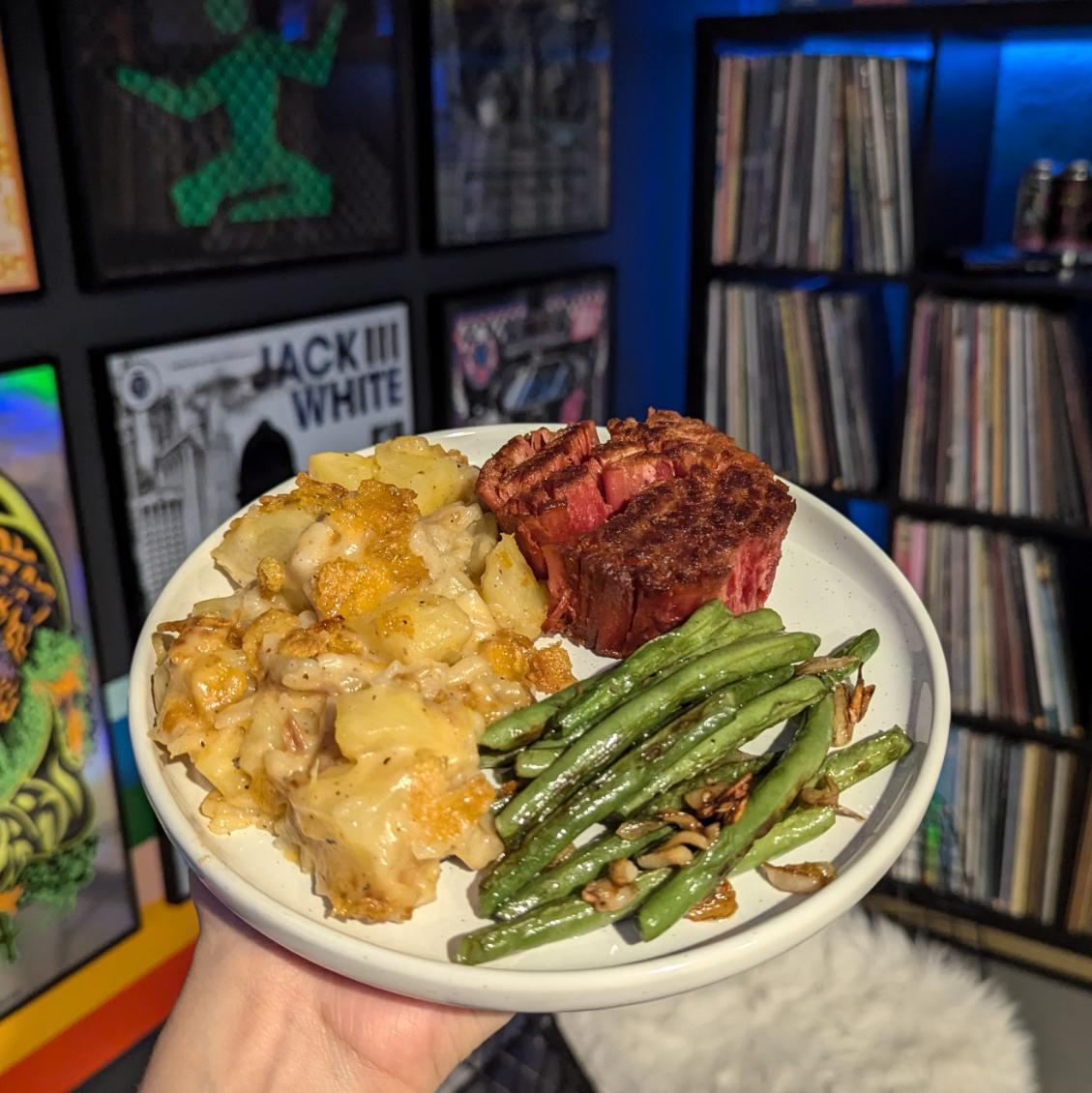 [homemade] filet with funeral potatoes and green beans. | Scrolller