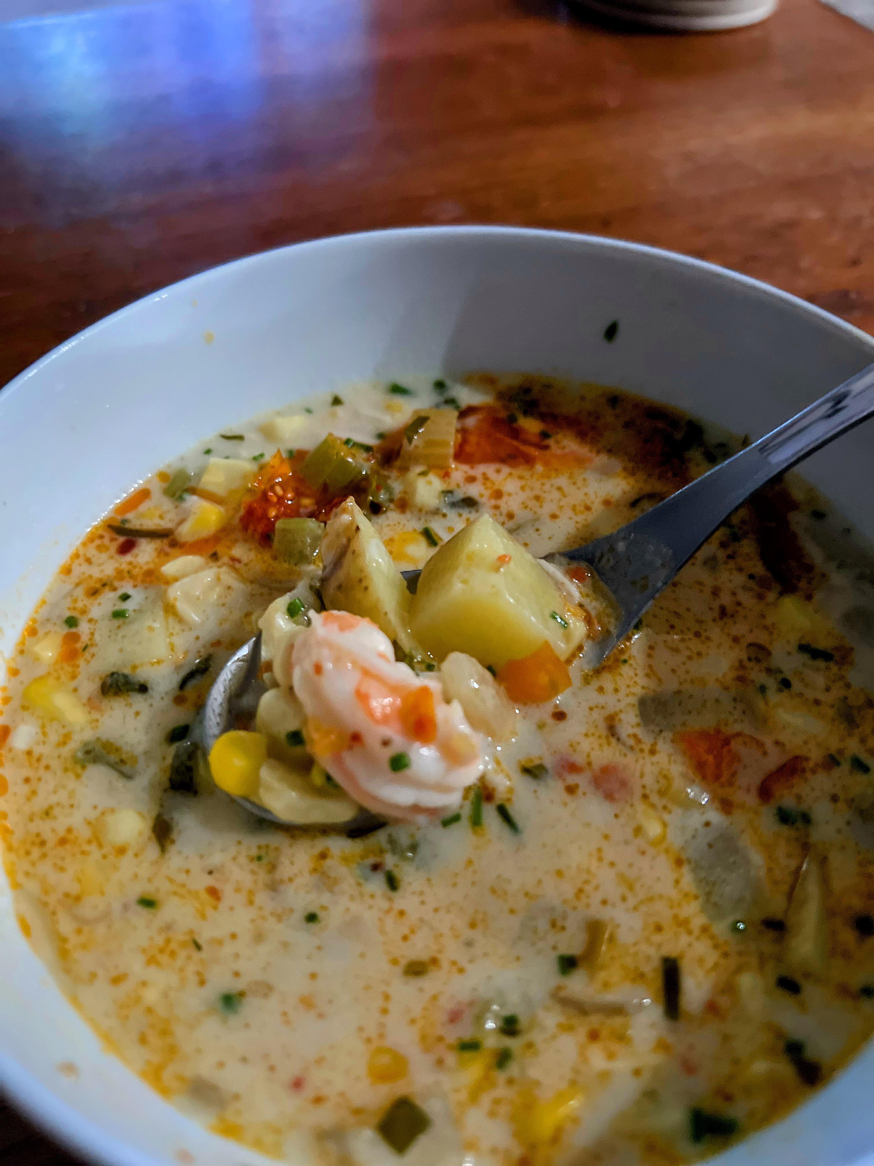 [homemade] Shrimp, corn and potato chowder topped with crispy chili garlic oil and sesame chilis ...