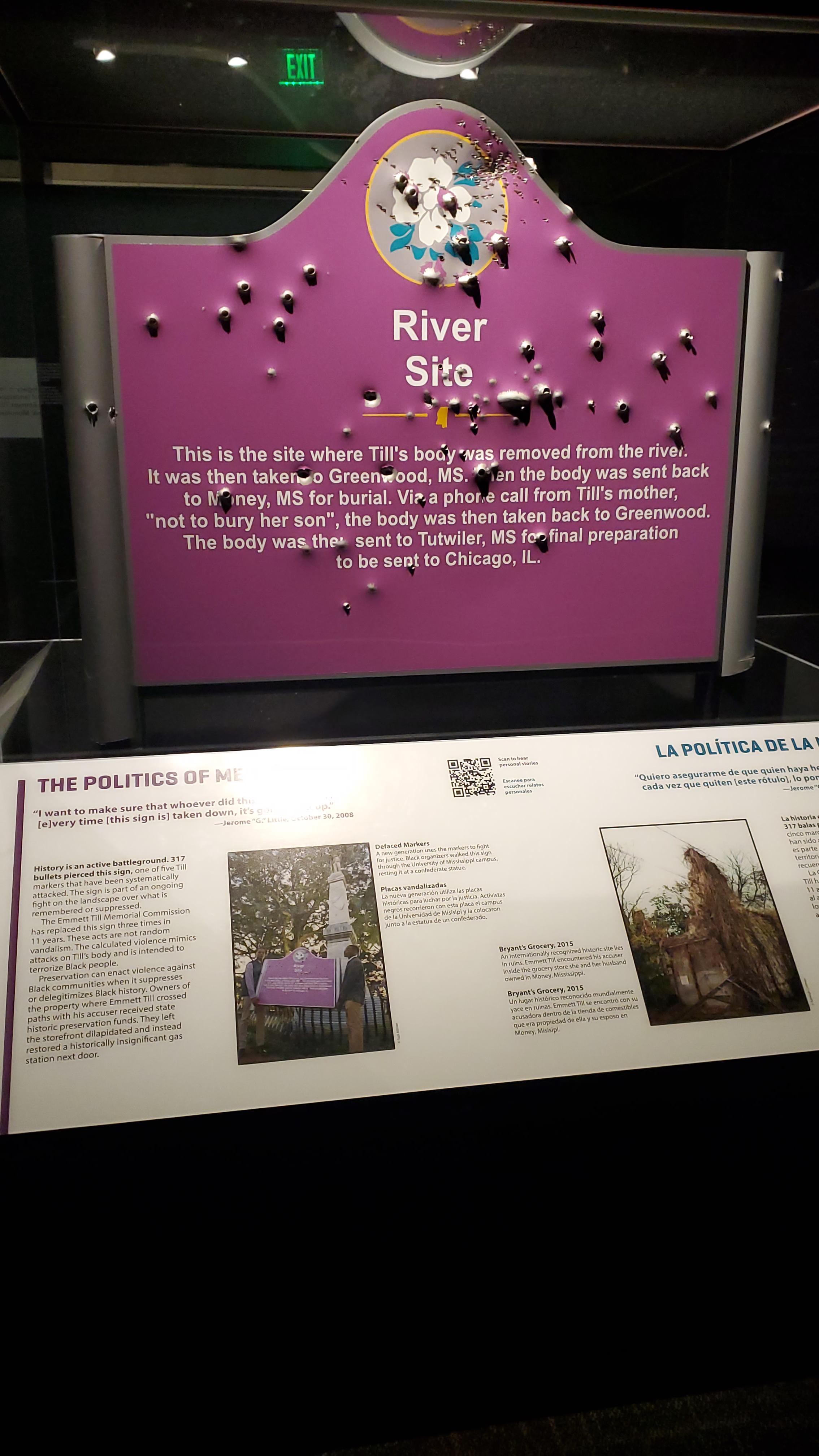 A historical marker for Emmett Till, a teenage victim of lynching in 1955. This particular sign ...