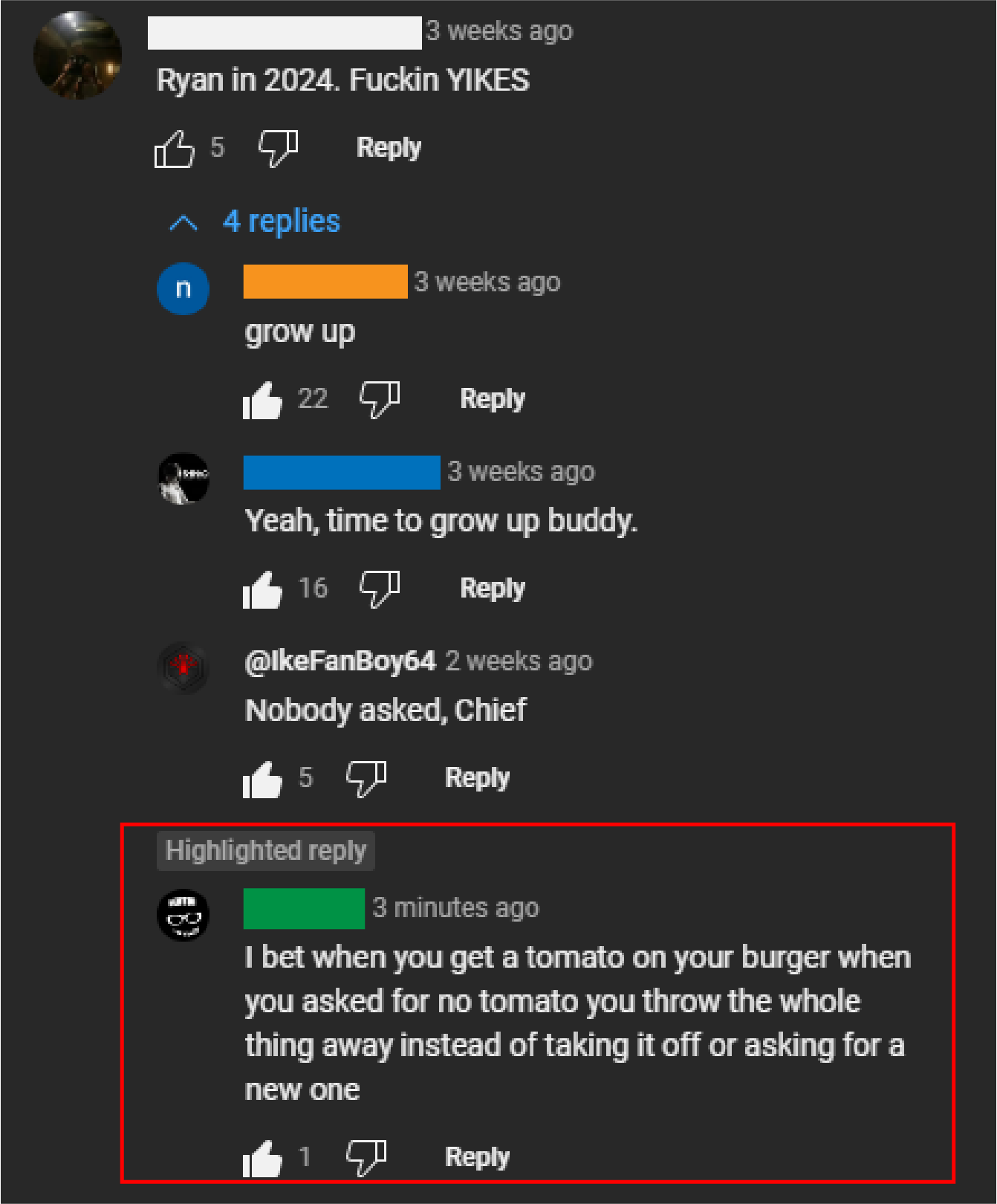 A reply to someone pulling the "Yikes" card on a "Best of" video. Censored everyone else's ...