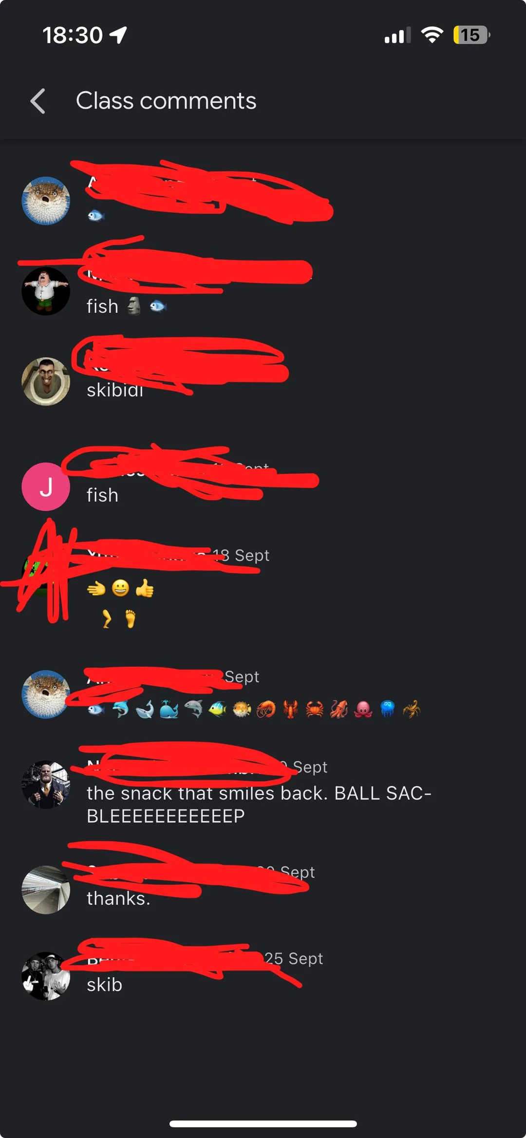 I think my class is restarted (sorry for the red, I needed to blur out their names) | Scrolller