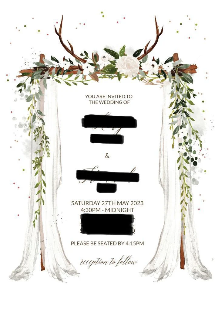 So in love with our invitations, I’ve printed an extra one for us to keep. (Blocked out our ...