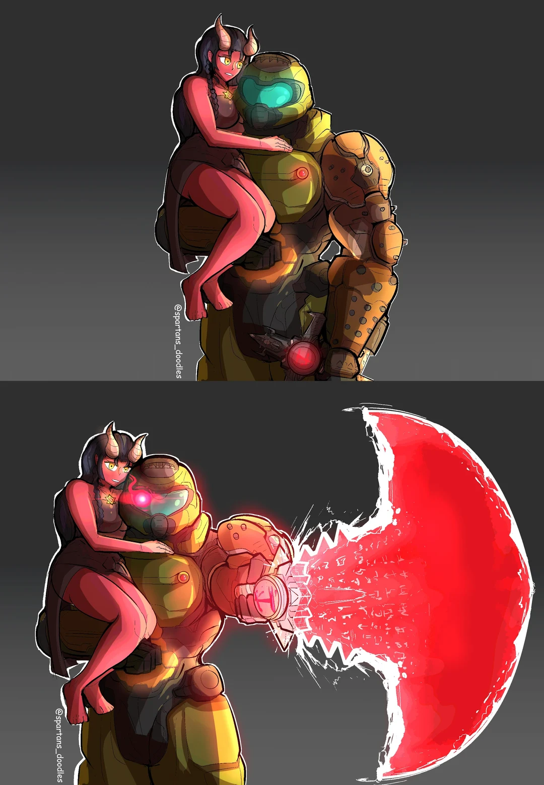 Doomguy and Dahlia, my demon girl OC from my Doom fanfic "Day of Wrath." Art by u/spartans ...
