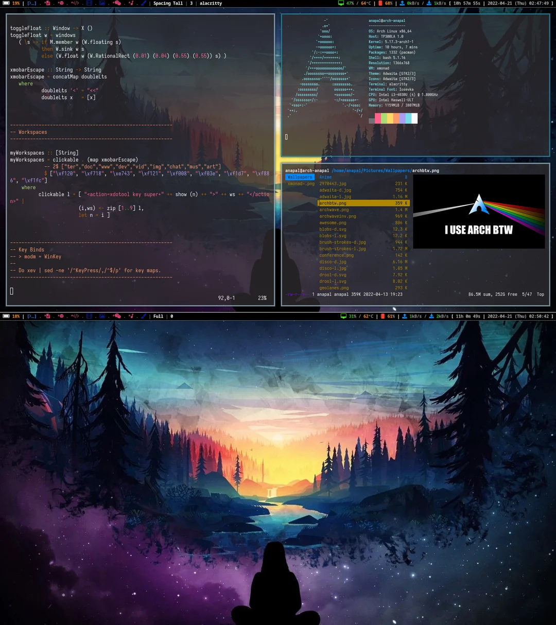 [xmonad] Switched from Windows to Arch Linux w/ xmonad, fell in love with it instantly. | Scrolller