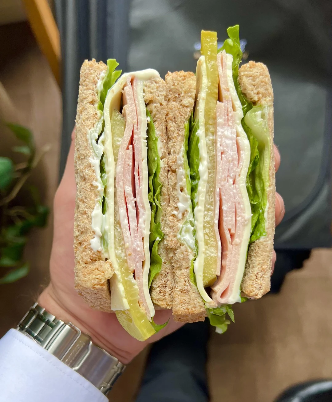 Basic work lunch. Smoked ham, gouda, pickles, lettuce with plenty of mayo on wholemeal. | Scrolller
