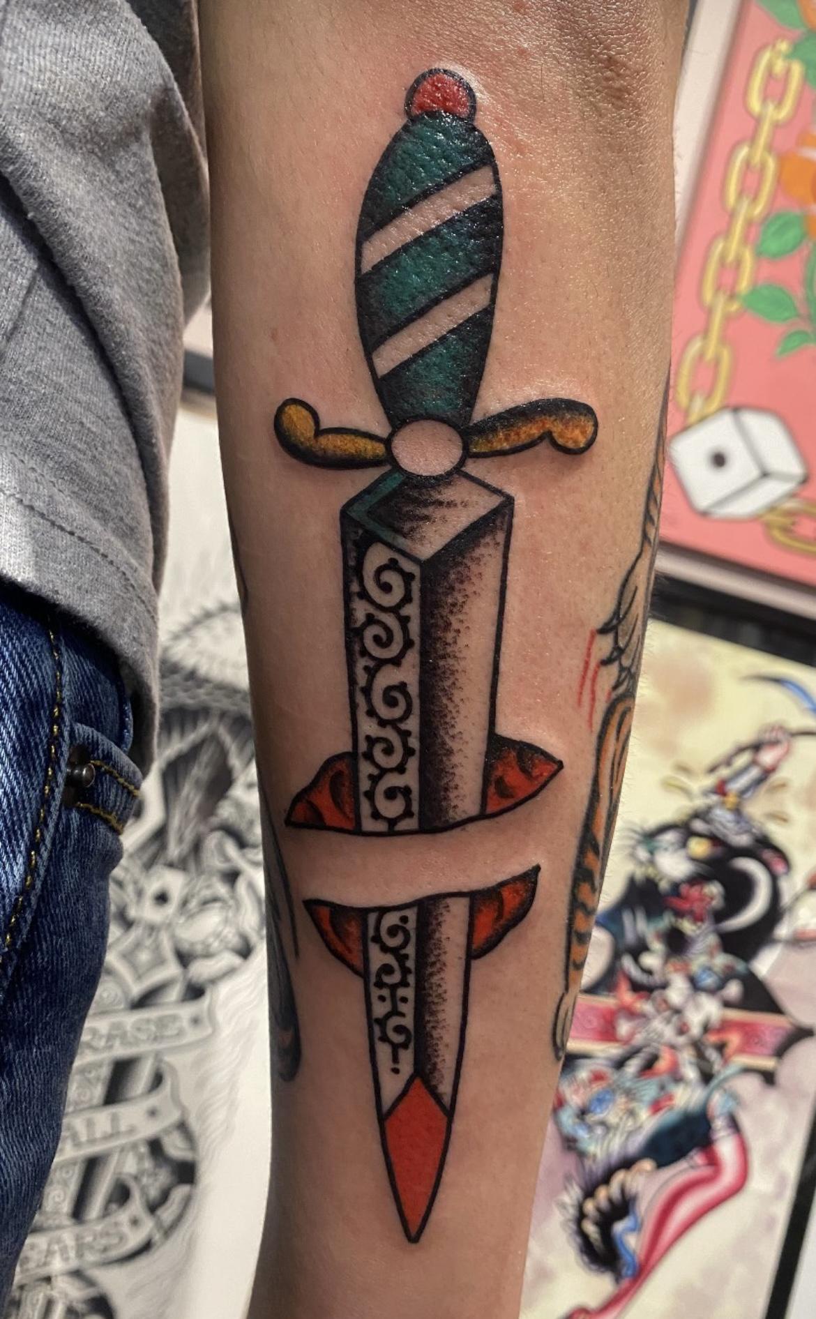 Traditional dagger! By Wolf at Golden Eagle Tattoo, Santa Barbara, CA. | Scrolller