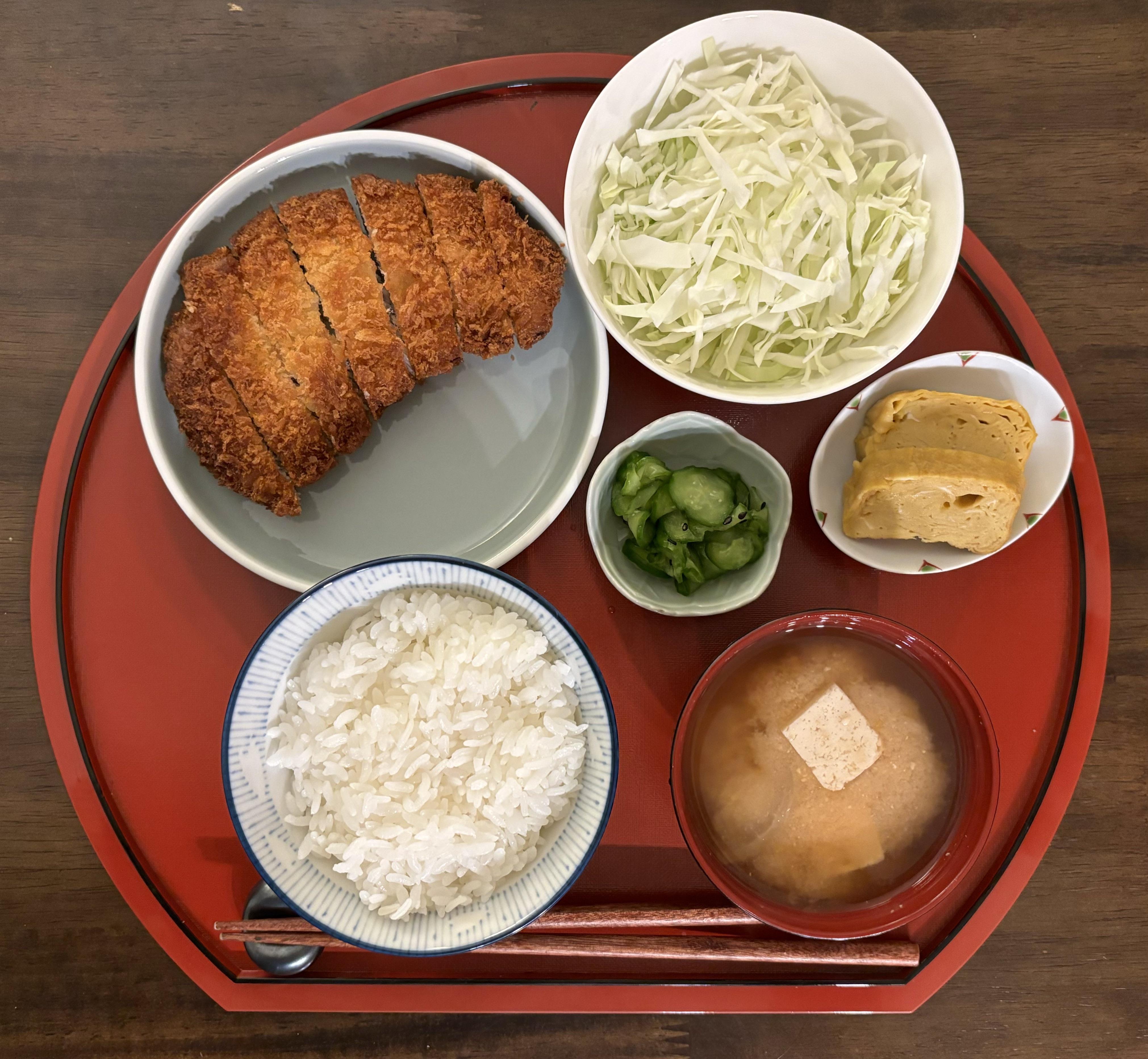 [homemade] miso katsu and cabbage, tamagoyaki, pickles, rice, and soup | Scrolller