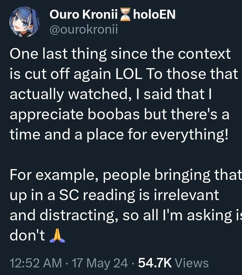 Kronii is asking fans to use common sense and stop talking about her honkadonka badonkers every ...