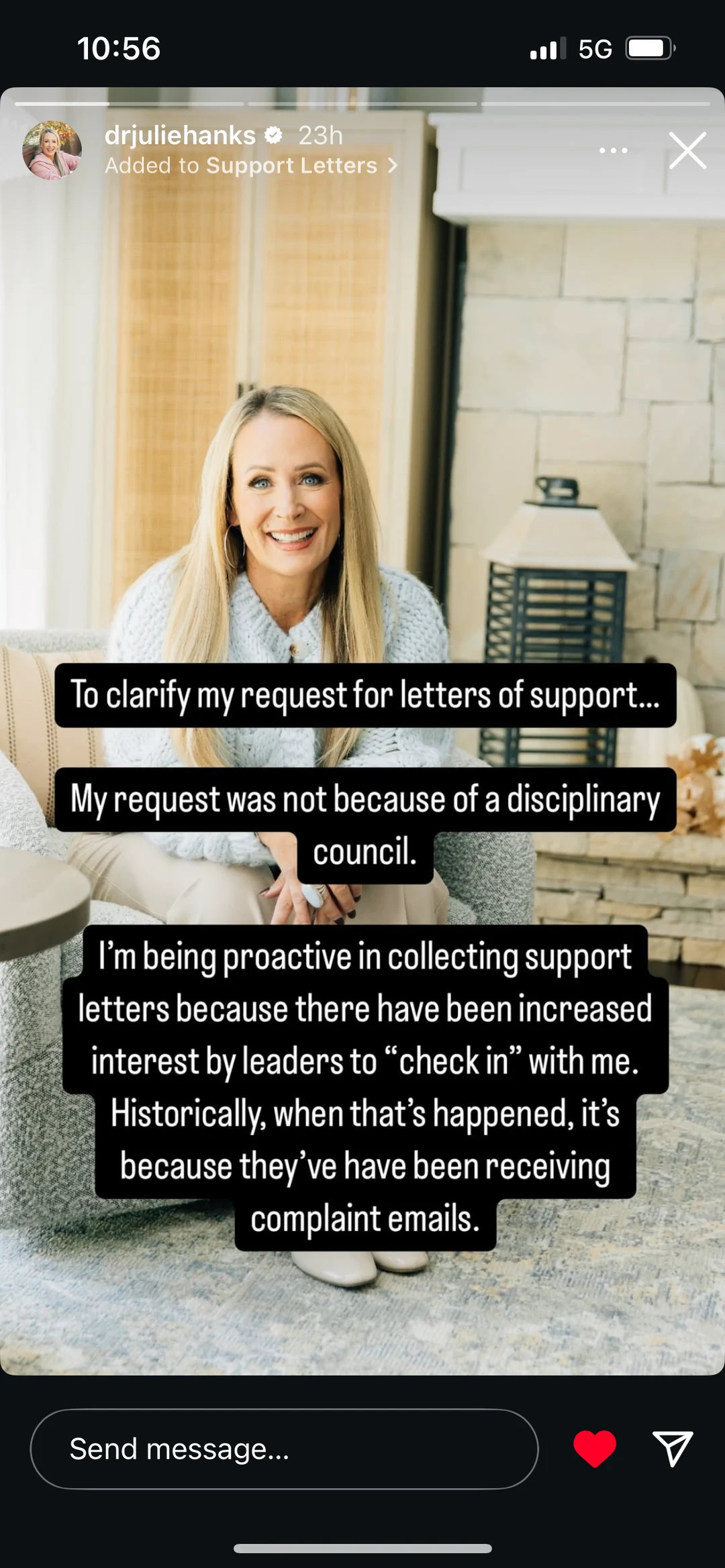 Julie hanks is not being considered for ex communication, look at what she posted on her story ...