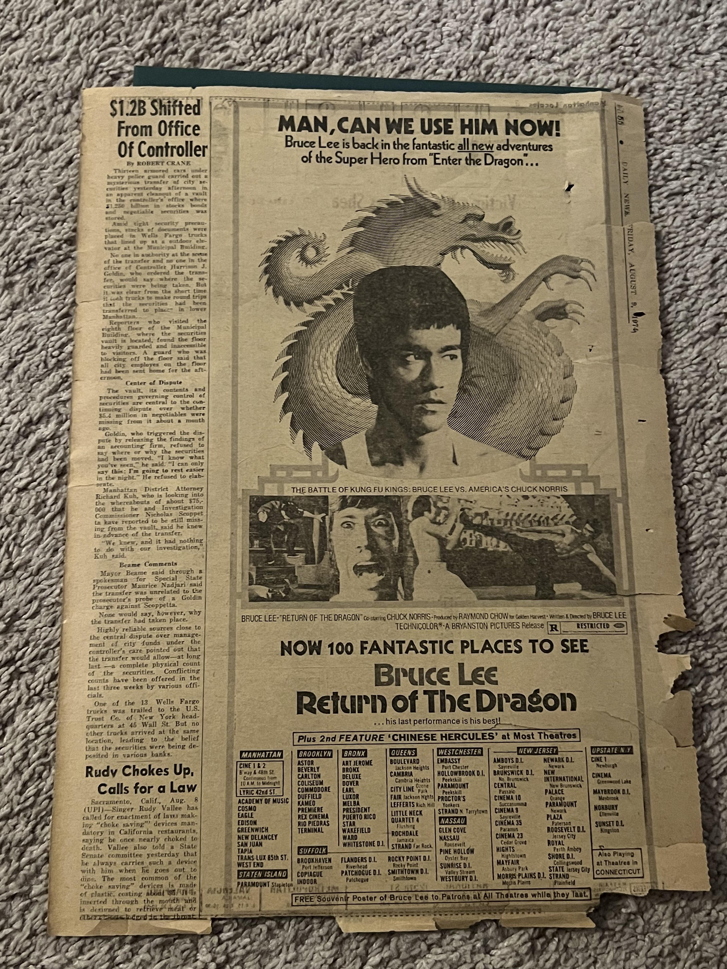 Newspaper Ad for Bruce Lee’s Return Of The Dragon -1972 | Scrolller