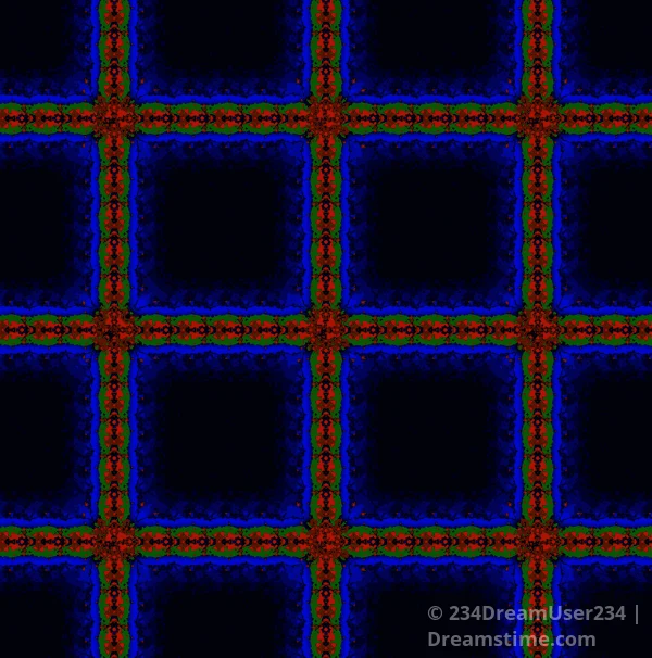 "Seamless pattern, abstract background. Blue squares surrounded by red and green borders ...